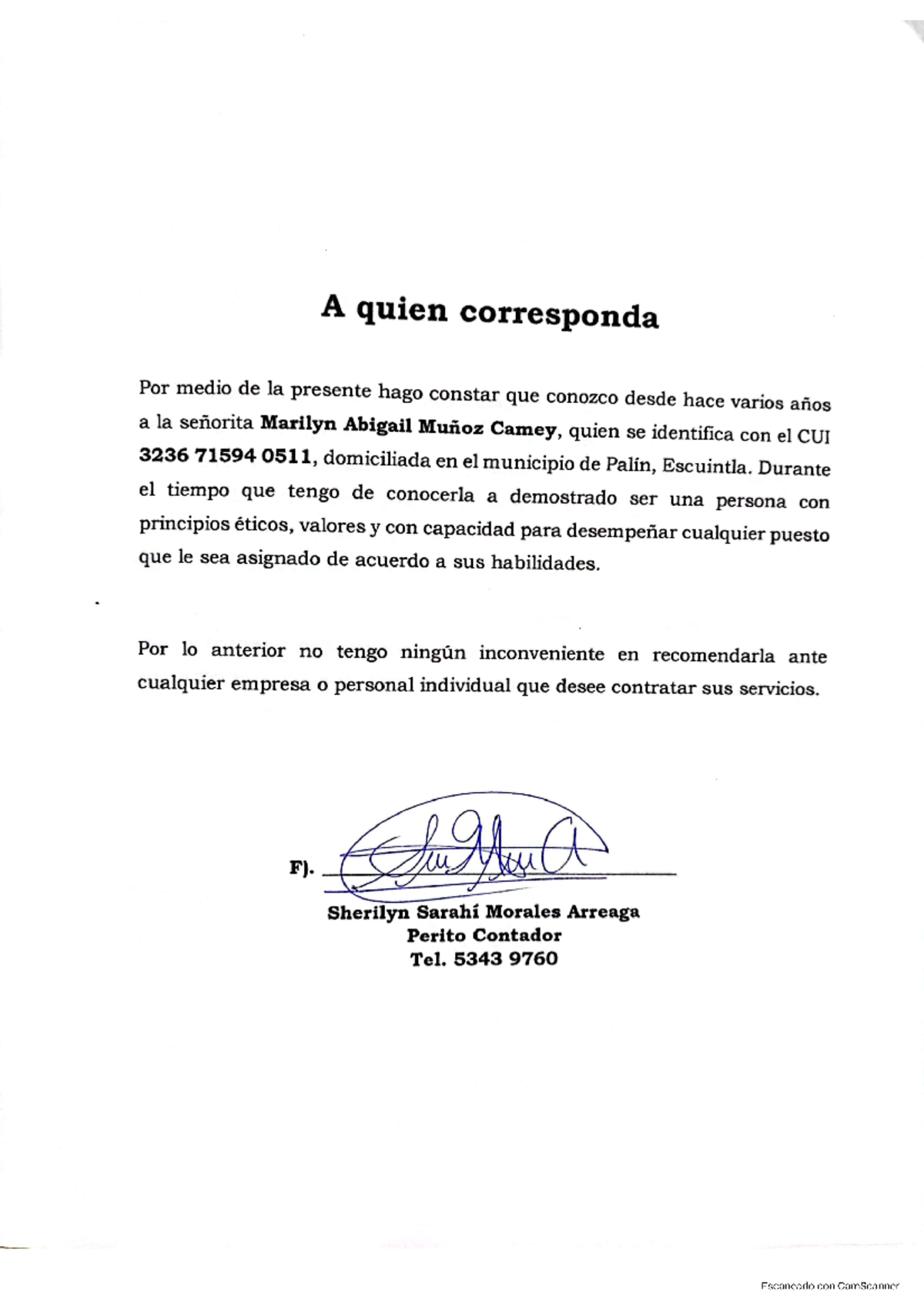 Referencia Personal - Contabilidad - A quien corresponda Por medio de ...