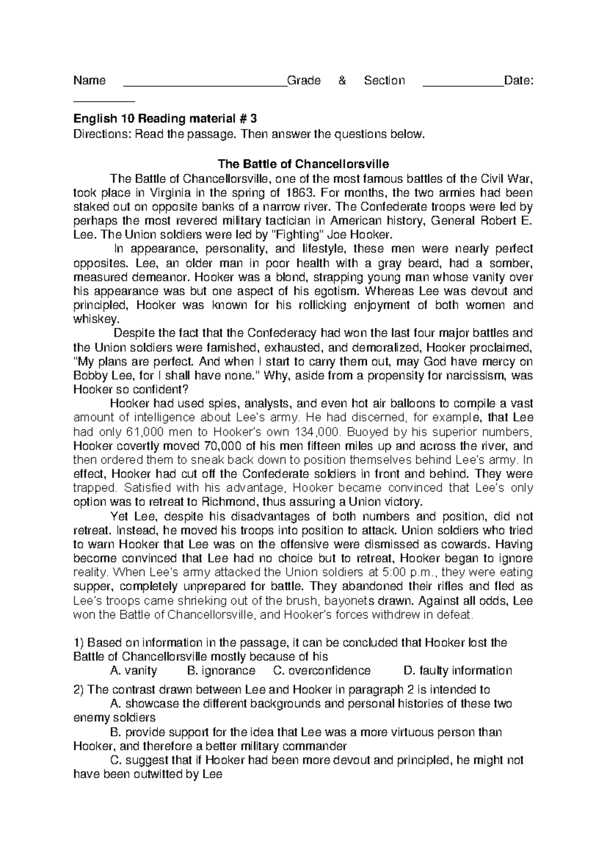 English Reading Material Grade 10 - Name ________________________Grade ...