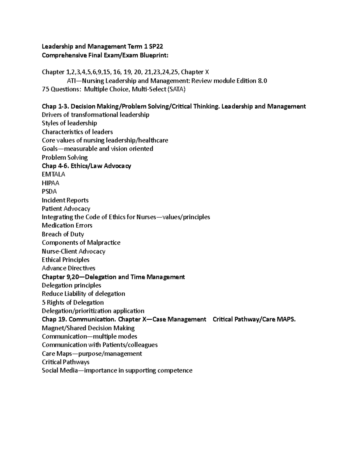L & M-Final Exam-Exam Blueprint Term 1 SU2 - Leadership and Management ...