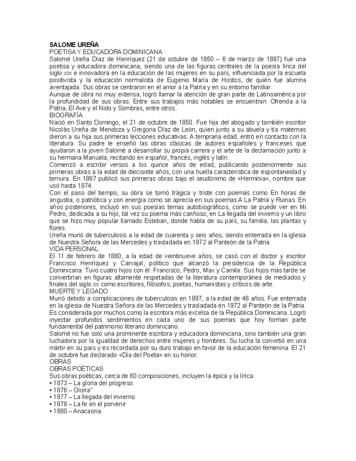 Biografia de Salome Ureña - SALOME UREÑA POETISA Y EDUCADORA DOMINICANA ...