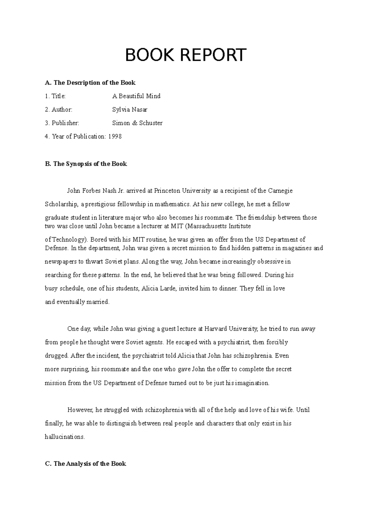 A Beautiful Mind Book Report - BOOK REPORT A. The Description of the ...