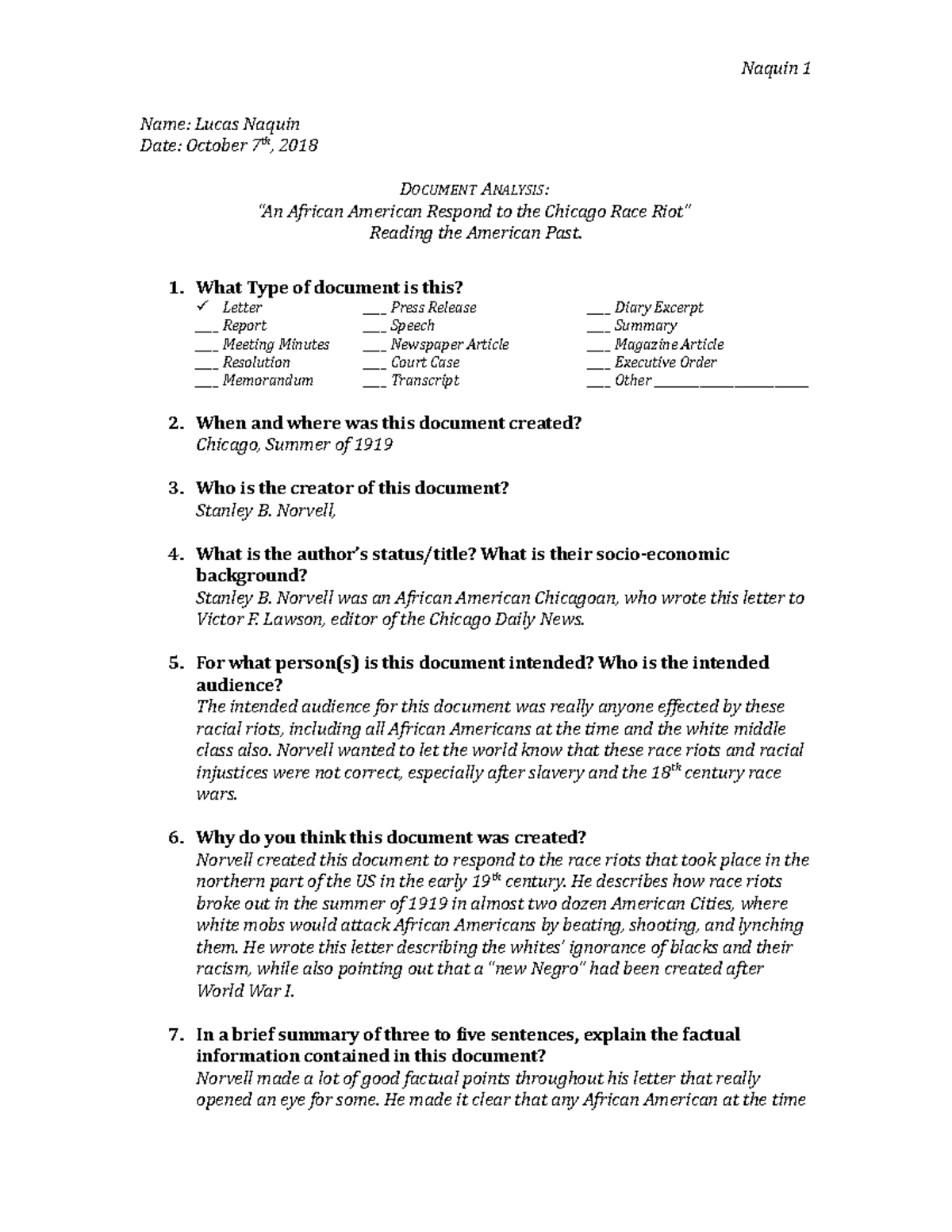 Primary Source Assignment II Worksheet - Naquin 1 Name: Lucas Naquin Date: October 7th, 2018 ...
