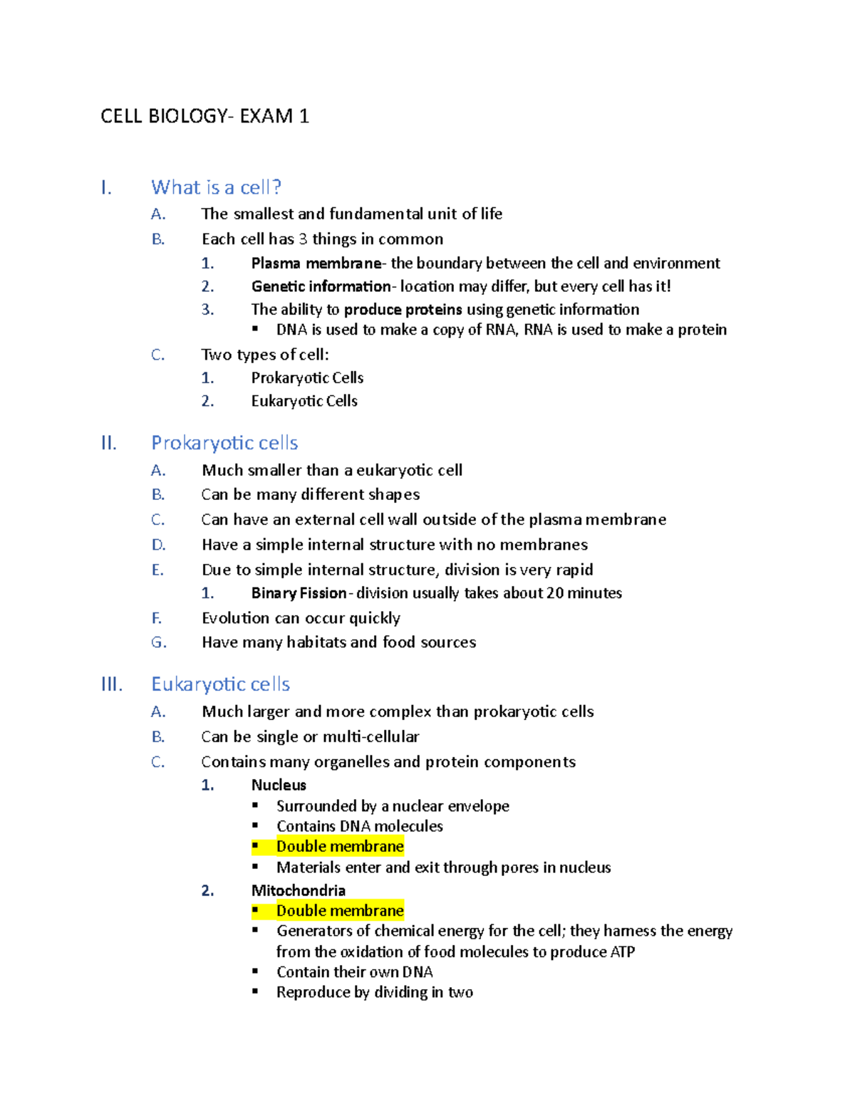 CELL Biology EXAM 1 Outline 1 CELL BIOLOGY EXAM 1 I What Is A Cell