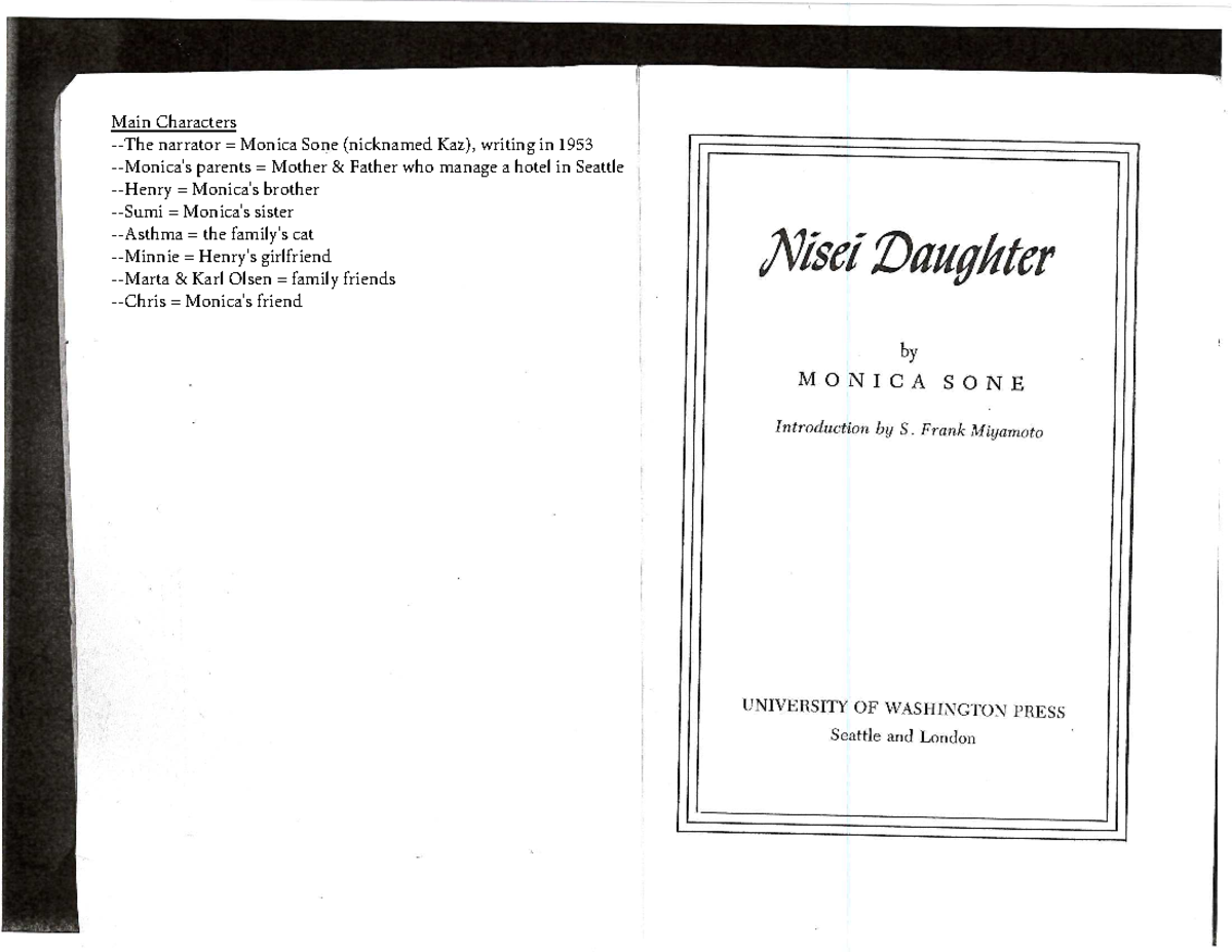 Monica Sone-Nisei Daughter 1 Chapter -Chris = Monica's friend-Marta ...