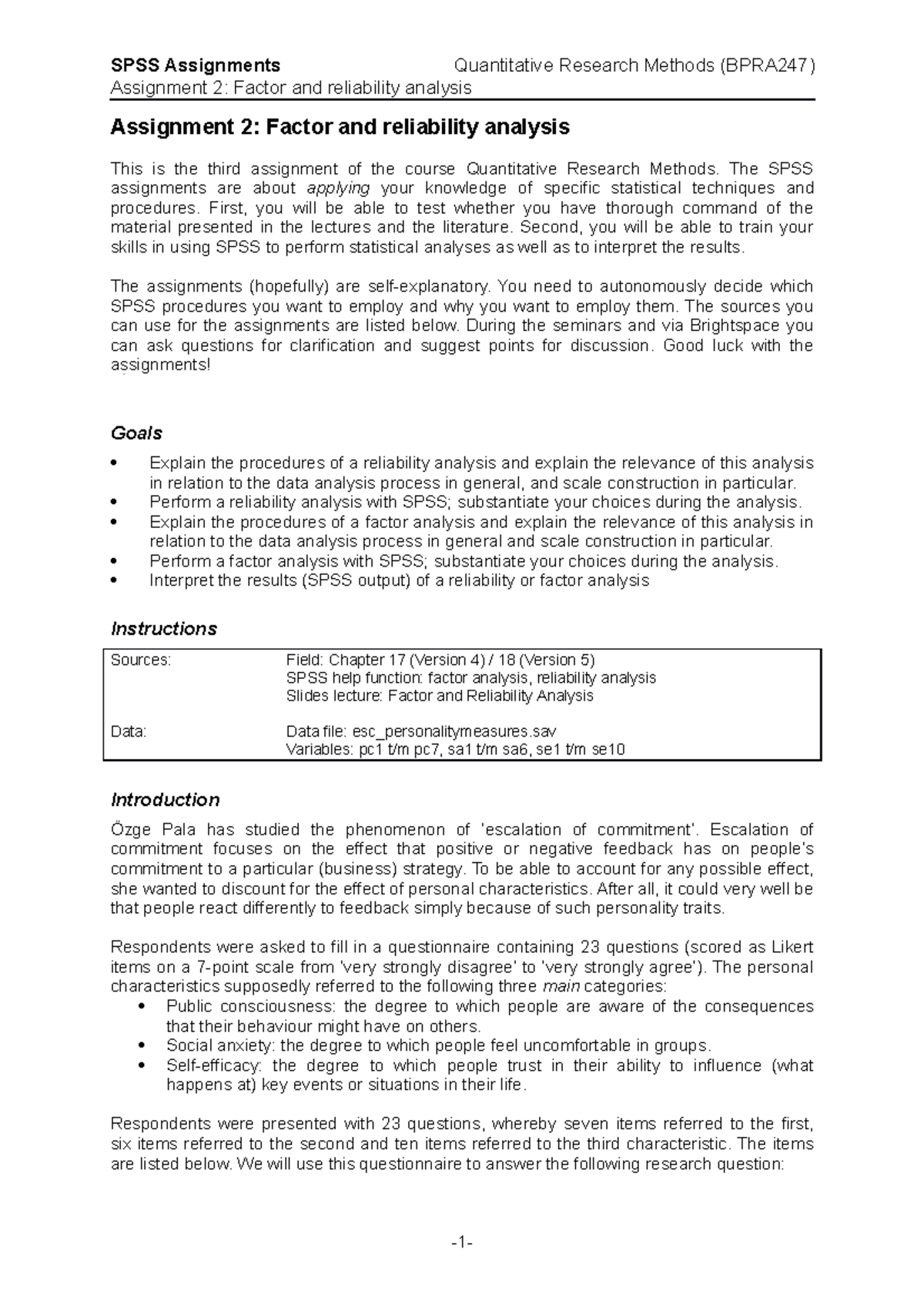 QRM 2 opdrachten - Assignment 2: Factor and reliability analysis Assignment 2: Factor and ...