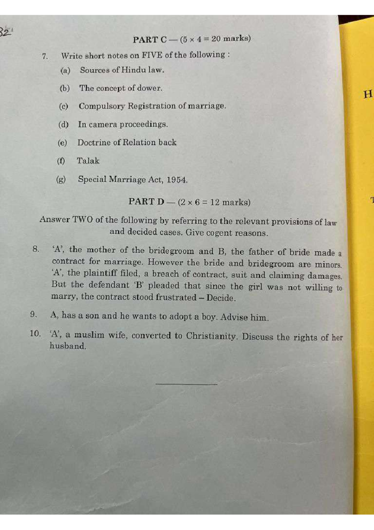 Family LAW Question Papers - Bachelor of Law - Studocu