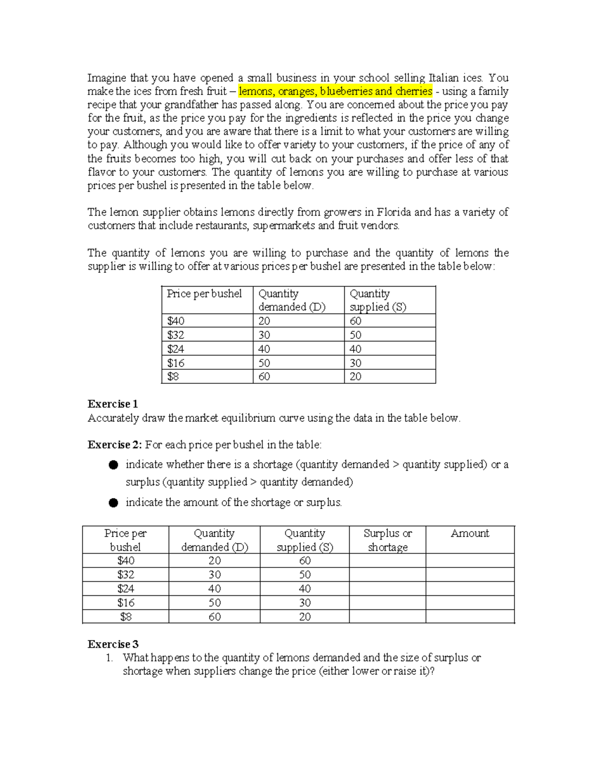 Supply and demand worksheet - Imagine that you have opened a small ...