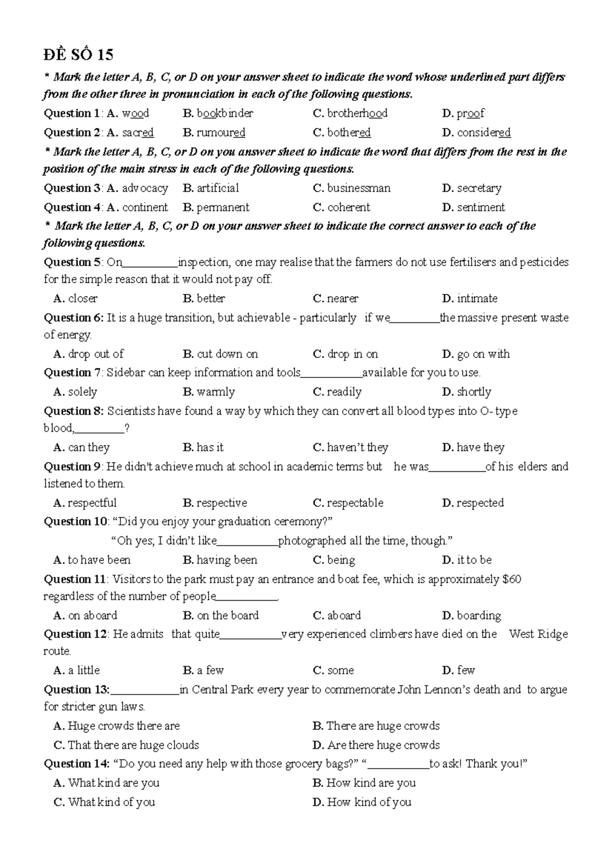 Đề 15 - hehe - ĐỀ SỐ 15 Mark the letter A, B, C, or D on your answer ...