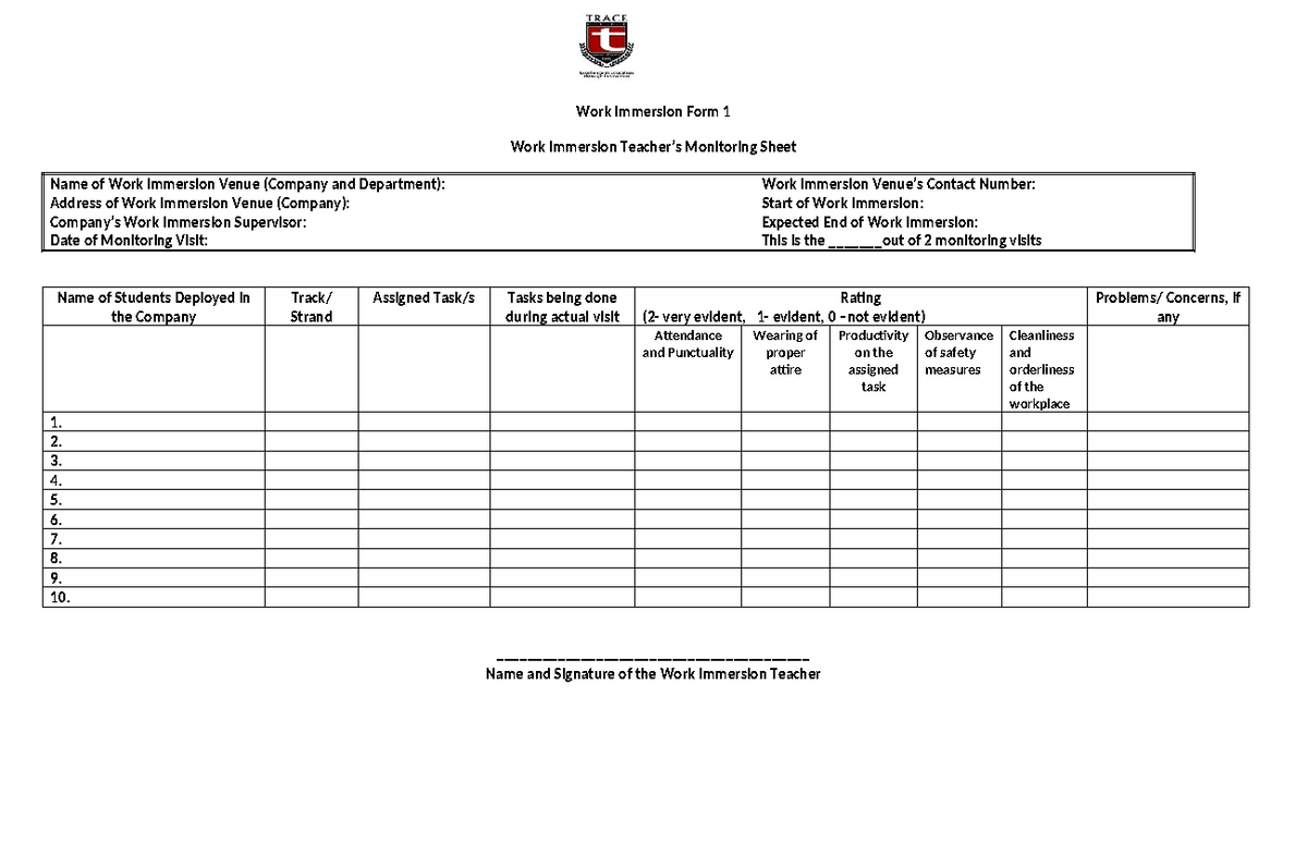Work-Immersion-Forms - Work Immersion Teacher’s Monitoring Sheet Name ...