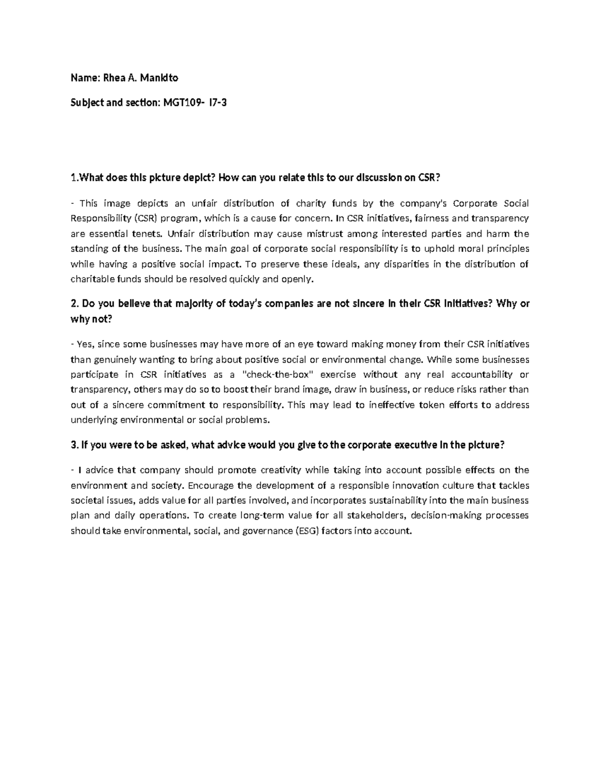 GOOD GOV CSR TASK - Name: Rhea A. Manidto Subject and section: MGT109 ...