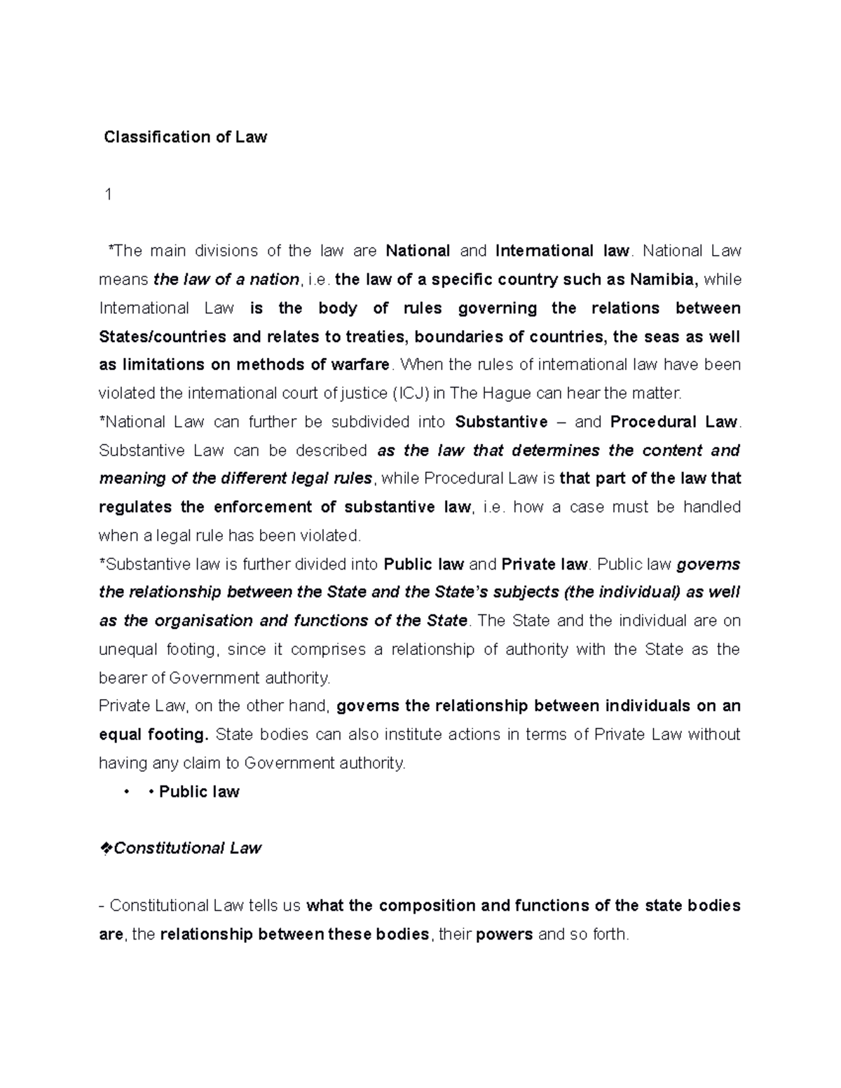 Classification of Law - Notes - Classification of Law 1 *The main ...