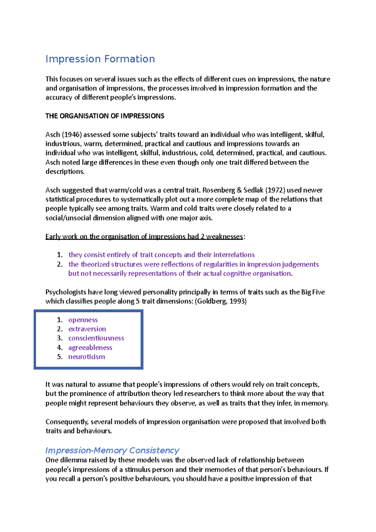 Impression formation - THE ORGANISATION OF IMPRESSIONS Asch (1946 ...