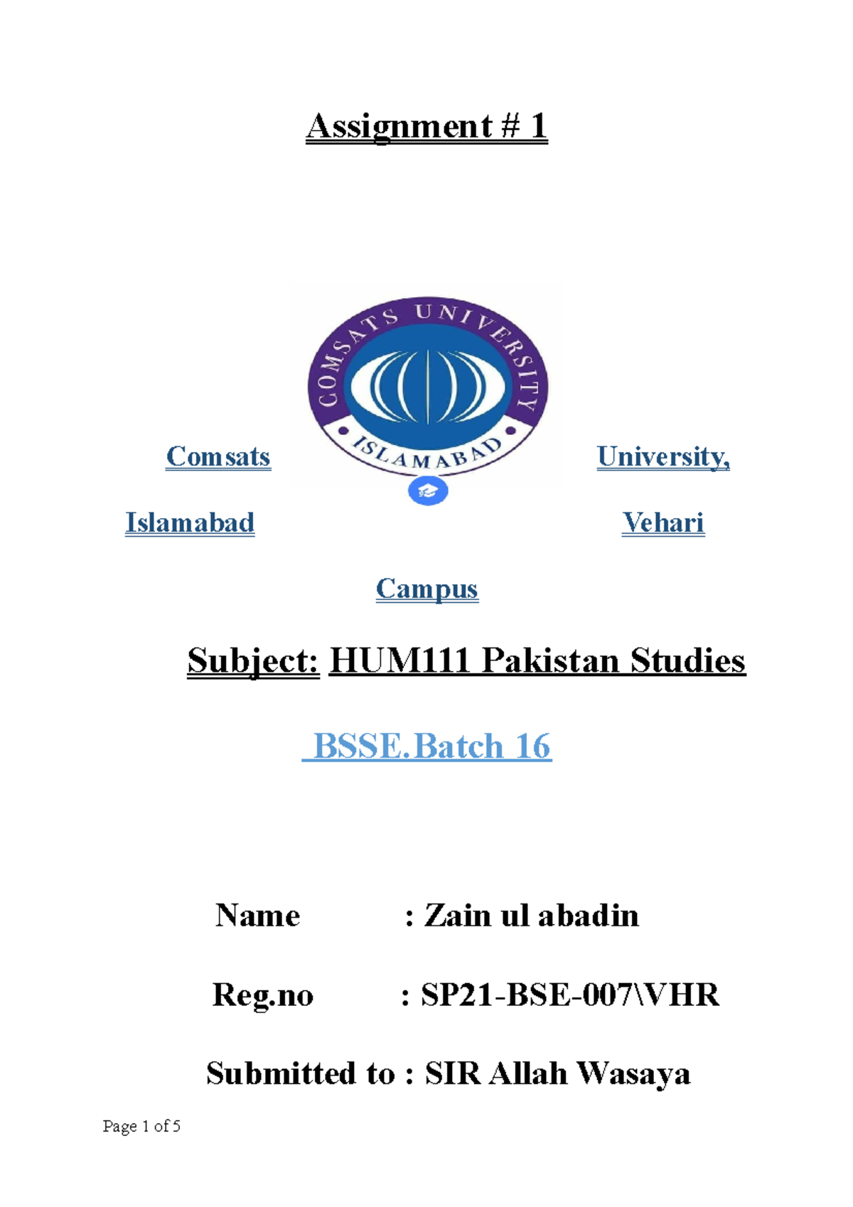 Pak study assignment hum 111 - Pakistan Studies - Studocu