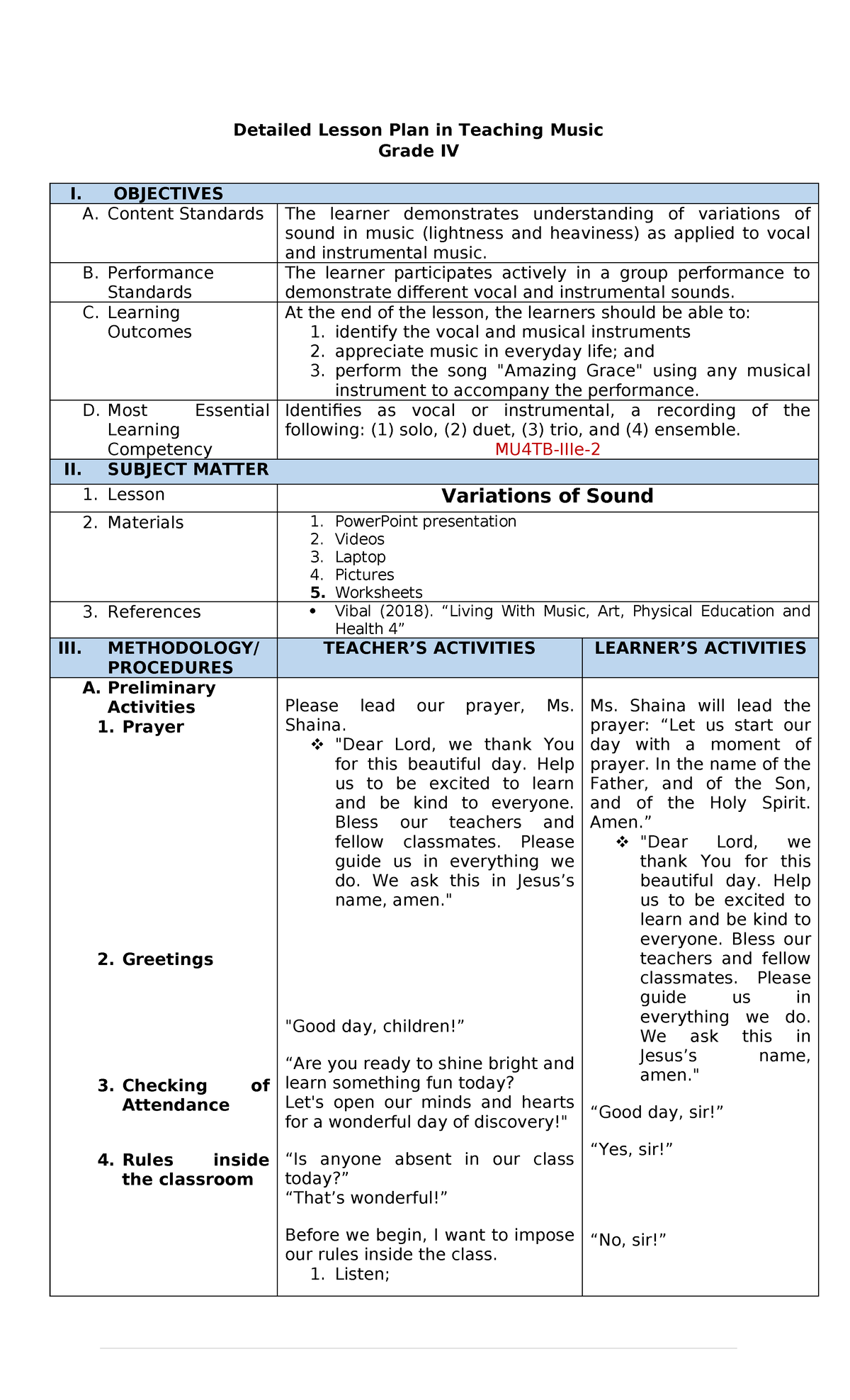 Detailed Lesson Plan in Teaching Music [Grade IV] - Variations of Sound ...
