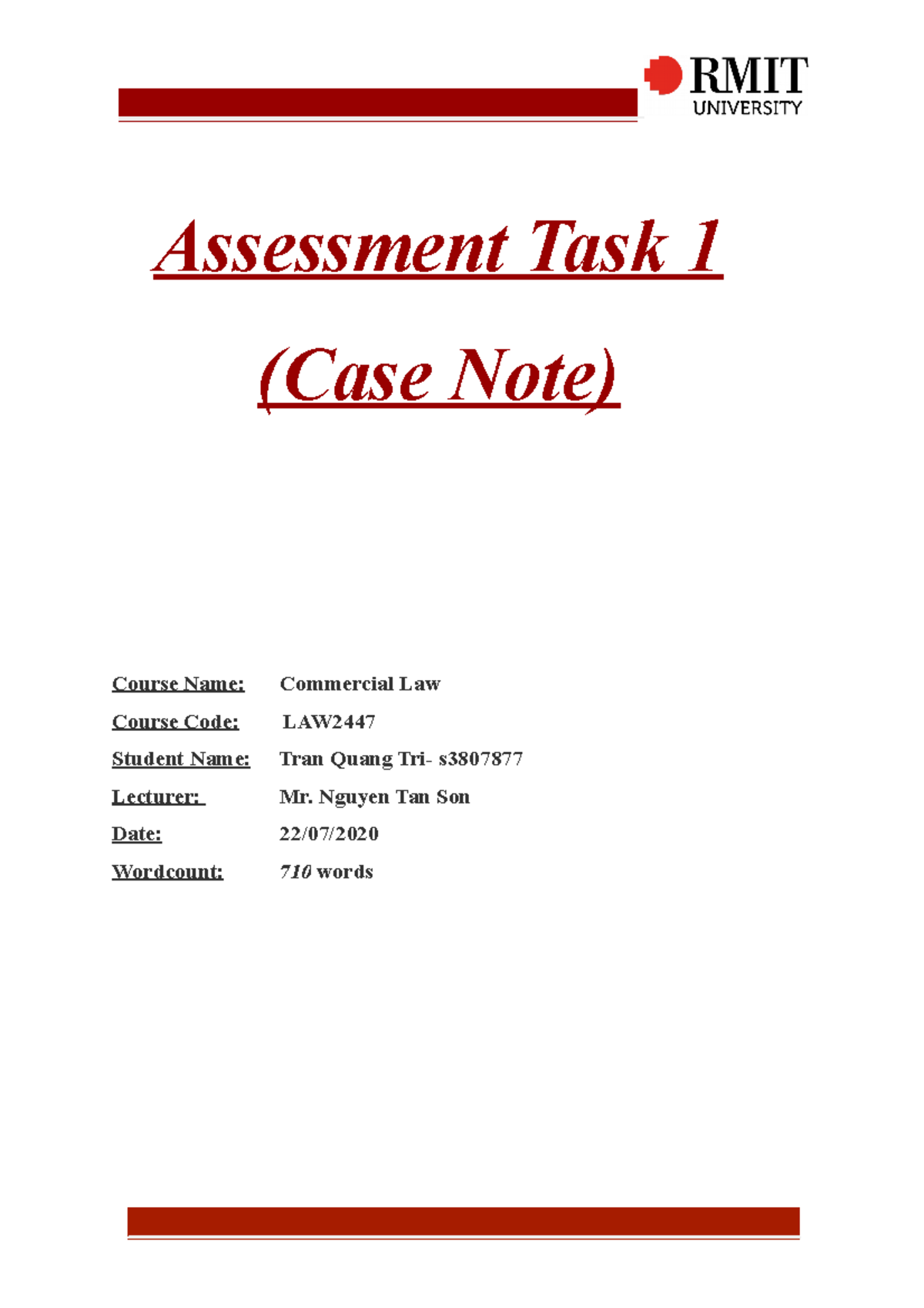 Tran Quang Tri - Assessment Task 1 - Case Note ...