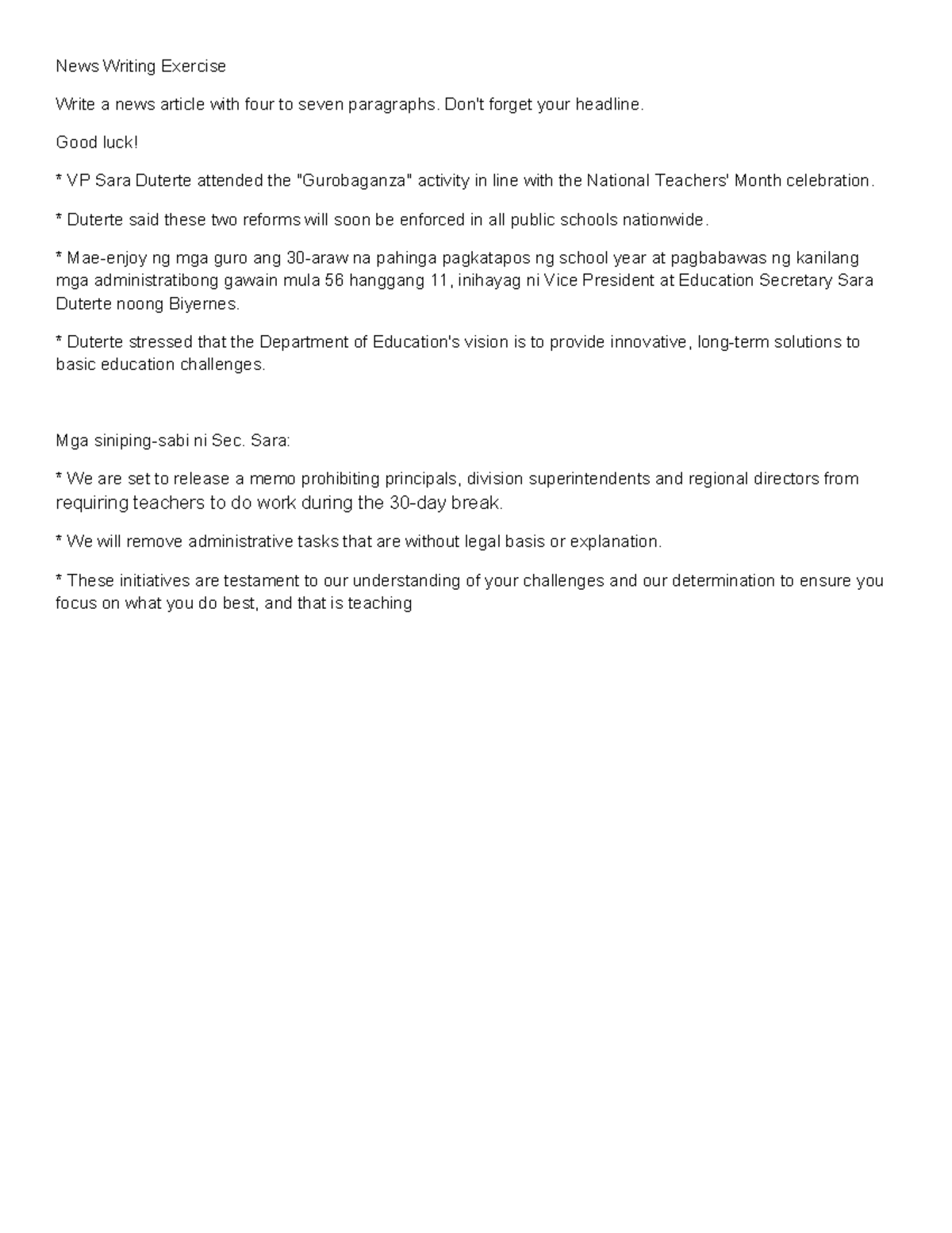 News Writing Exercise - News Writing Exercise Write a news article with ...