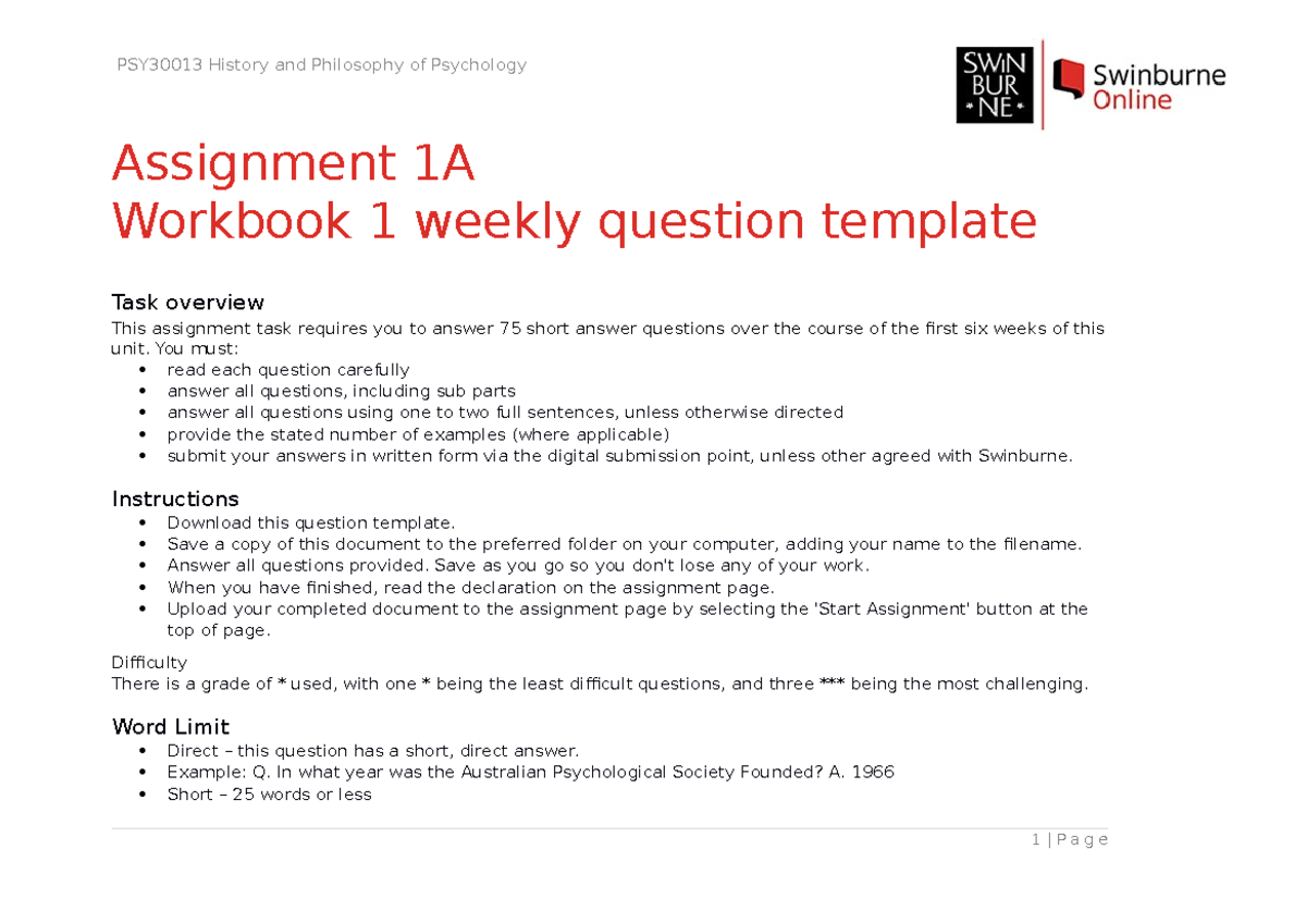 Assignment 1A - Template - PSY30013 - Swinburne - Studocu