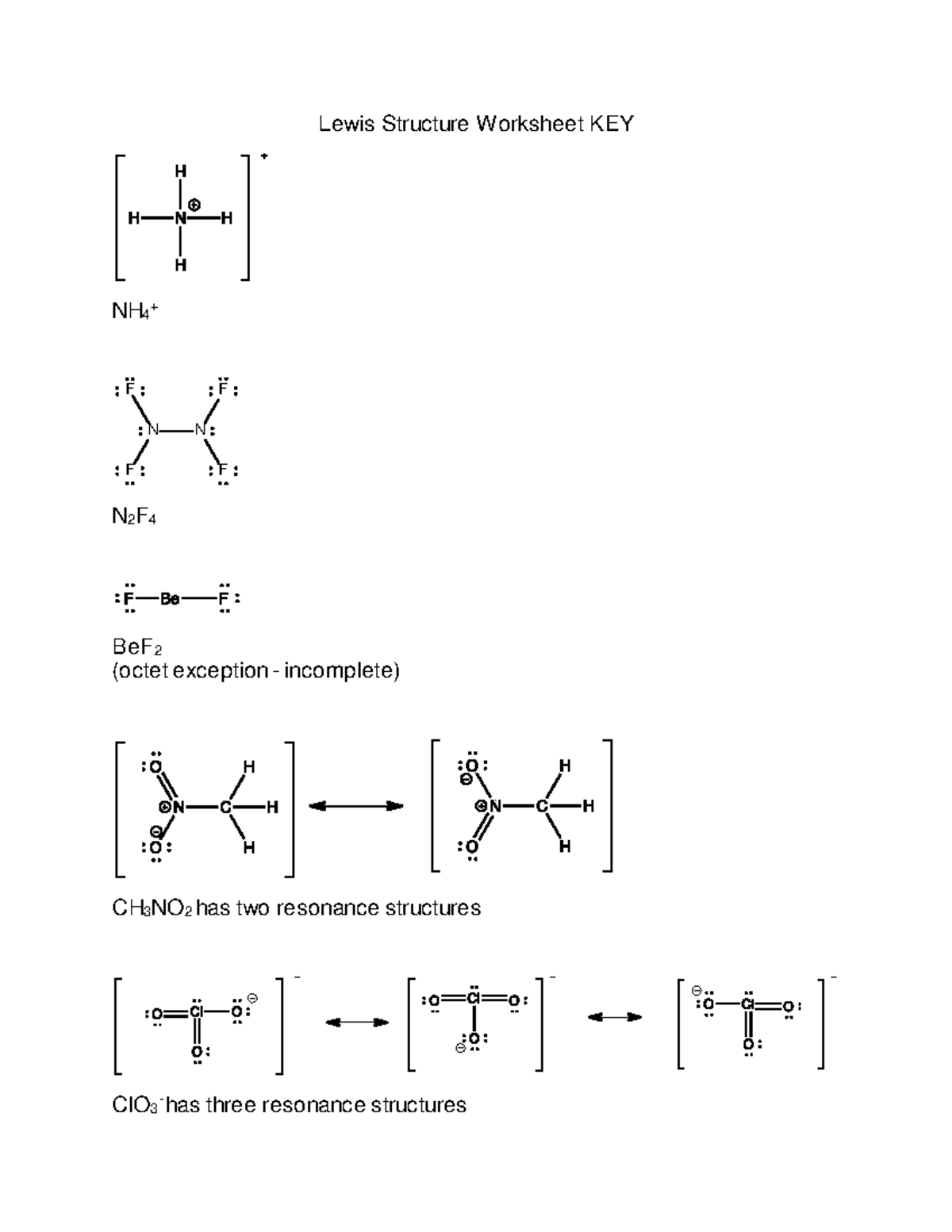 Chem 101a Coursework And Practice Materials Lewis Structure KEY