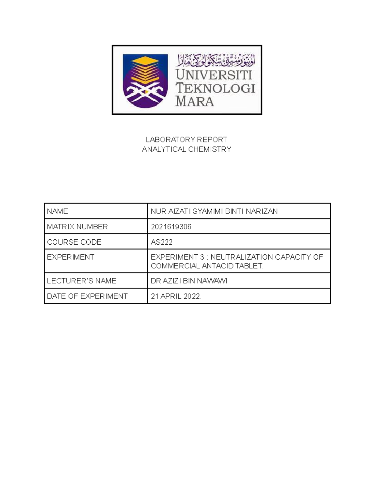 Nur Aizati Syamimi 2021619306 AS222 M2 Report 1 - LABORATORY REPORT ...