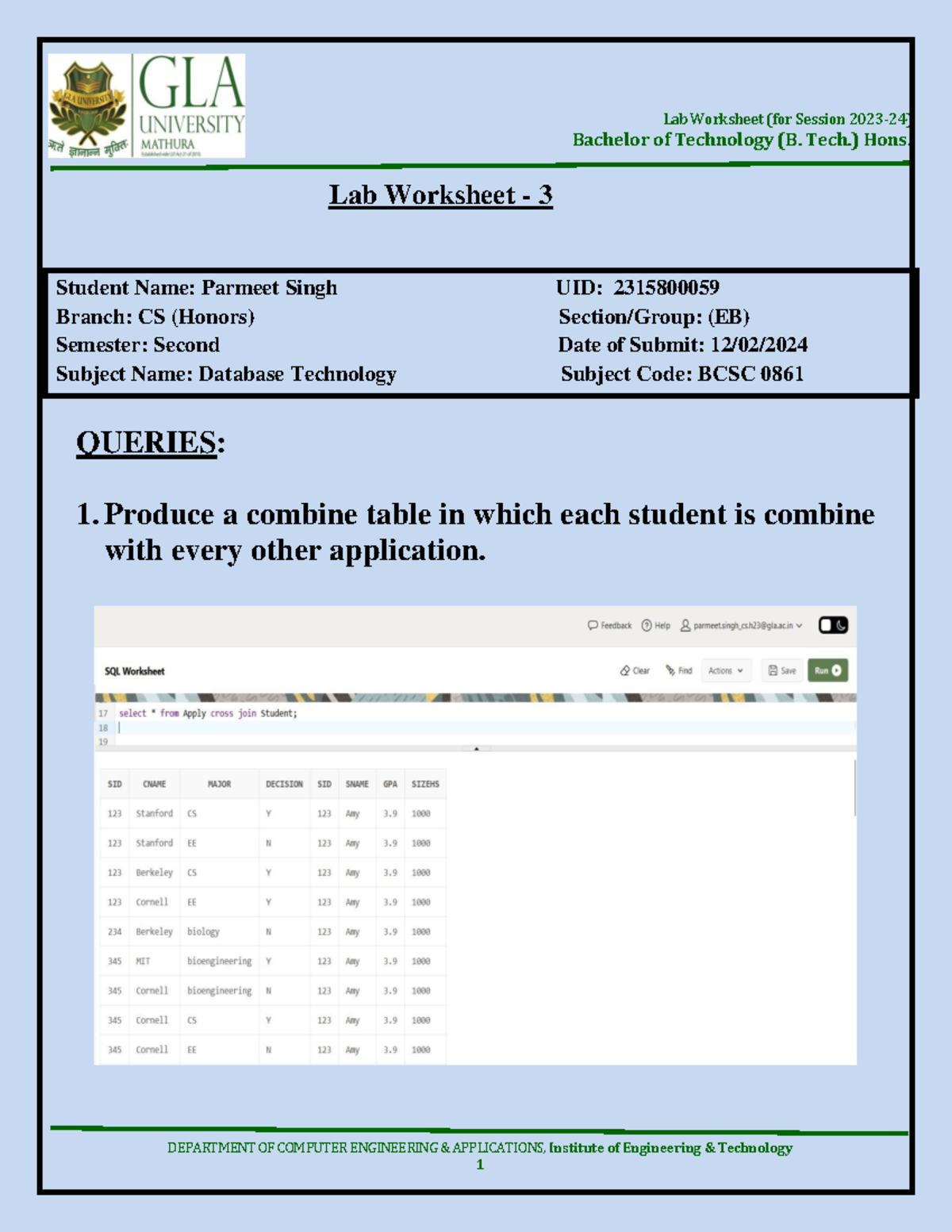 SQL Assignment - 3 - Bachelor of Technology (B. Tech.) Hons. DEPARTMENT OF COMPUTER ENGINEERING ...