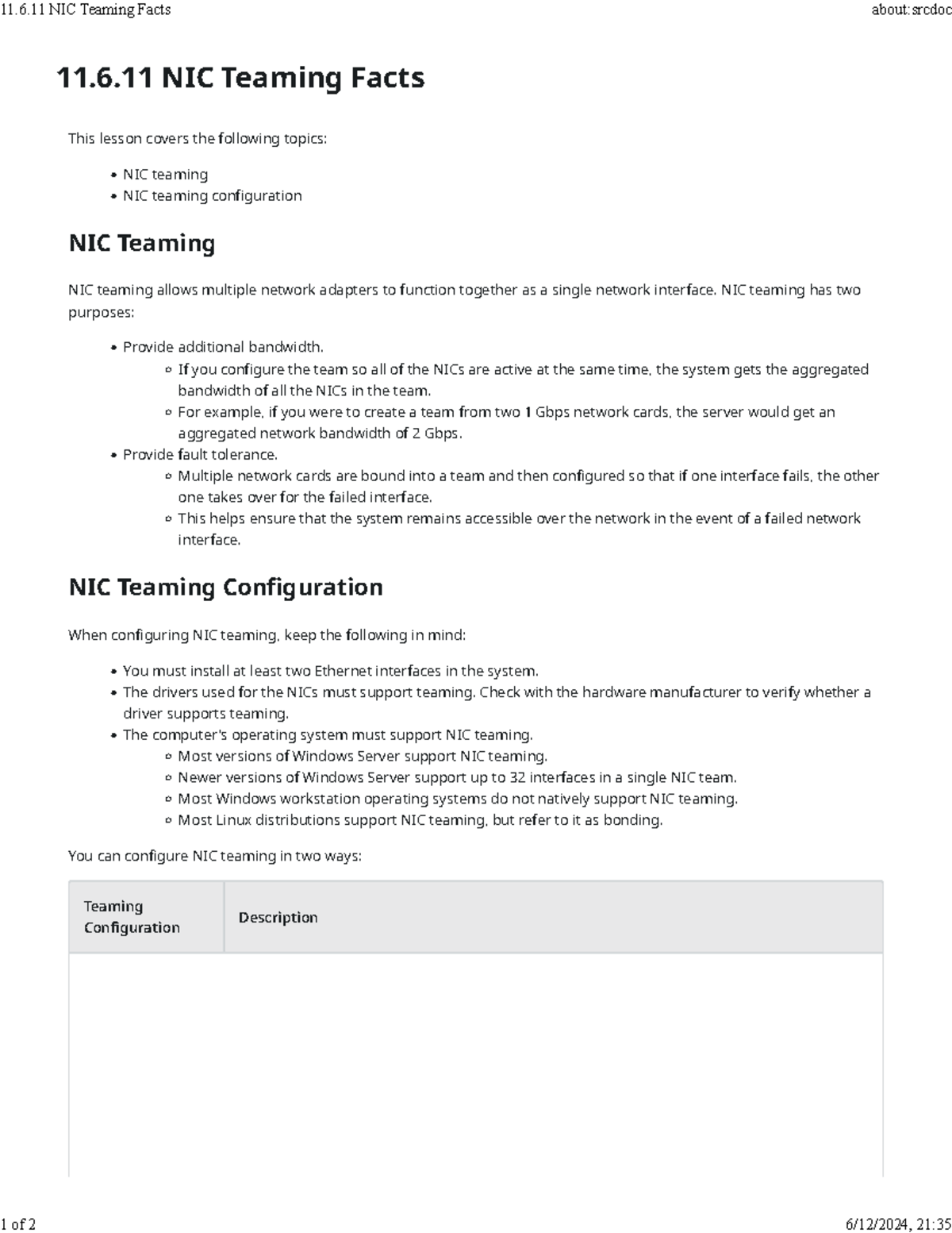 11.6.11 NIC Teaming Facts - 11.6 NIC Teaming Facts This lesson covers ...