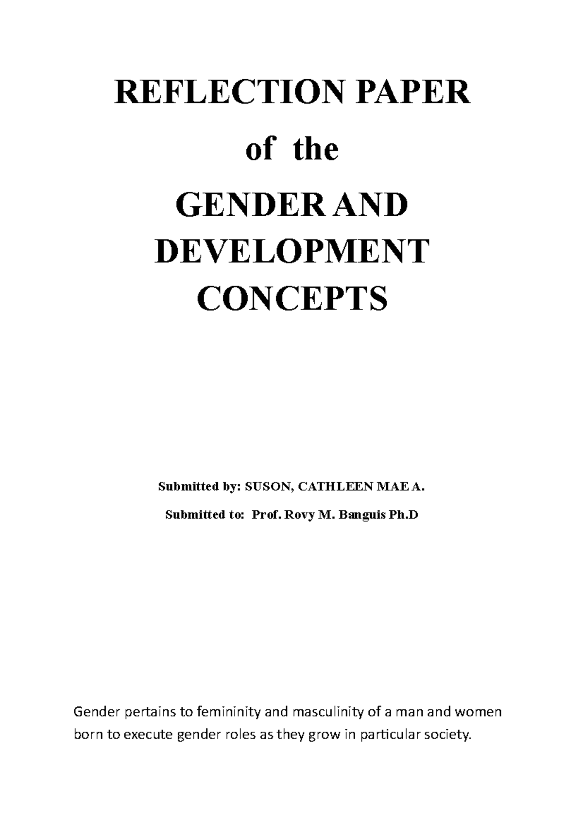 Suson Reflection Paper - REFLECTION PAPER of the GENDER AND DEVELOPMENT ...