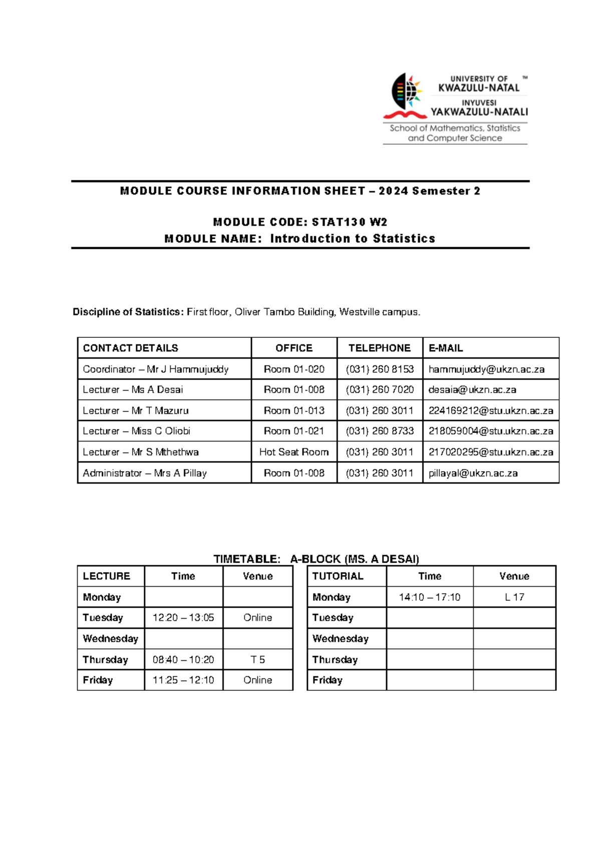 Info Sheet - STAT130 - 2024 Sem 2 - WVL - MODULE COURSE INFORMATION SHEET – 2024 Semester 2 ...