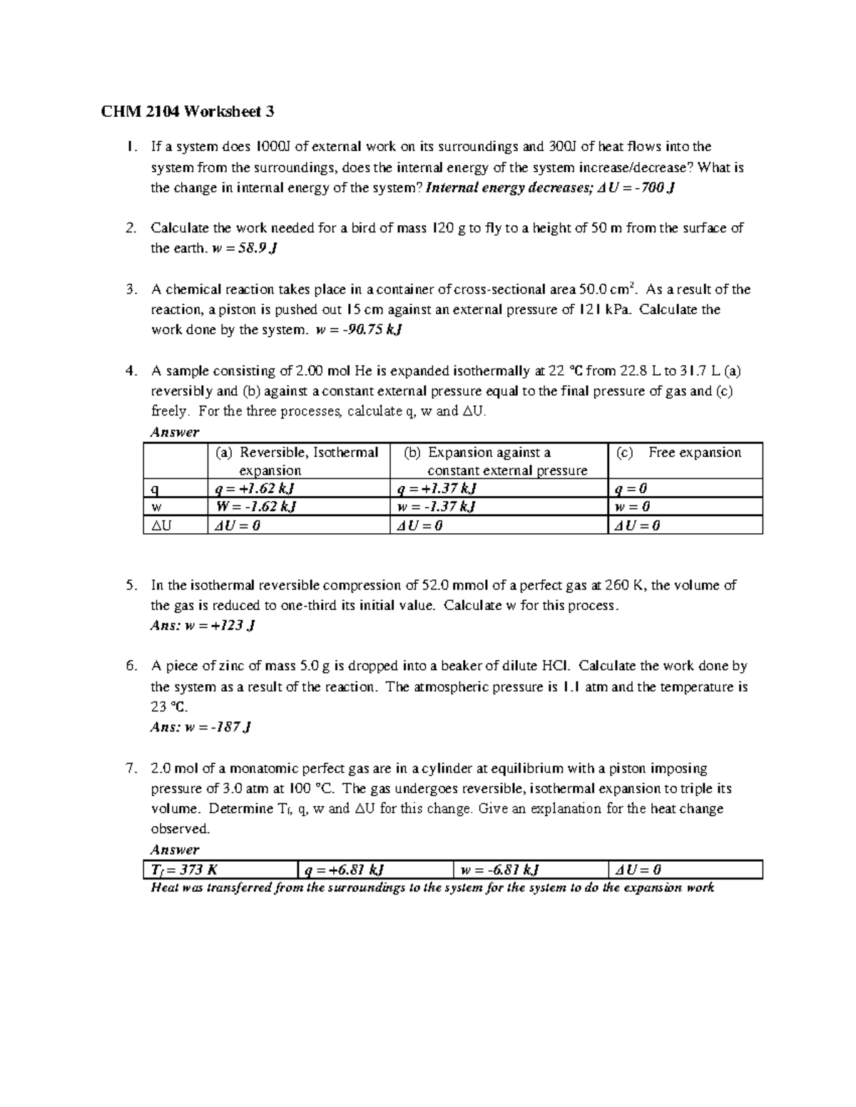 Worksheet 3 with answers - CHM 2104 Worksheet 3 If a system does 1000J ...
