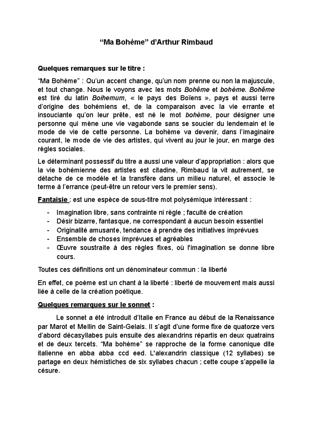 “Ma Bohème” d’Arthur Rimbaud - “Ma Bohème” d’Arthur Rimbaud Quelques remarques sur le titre ...
