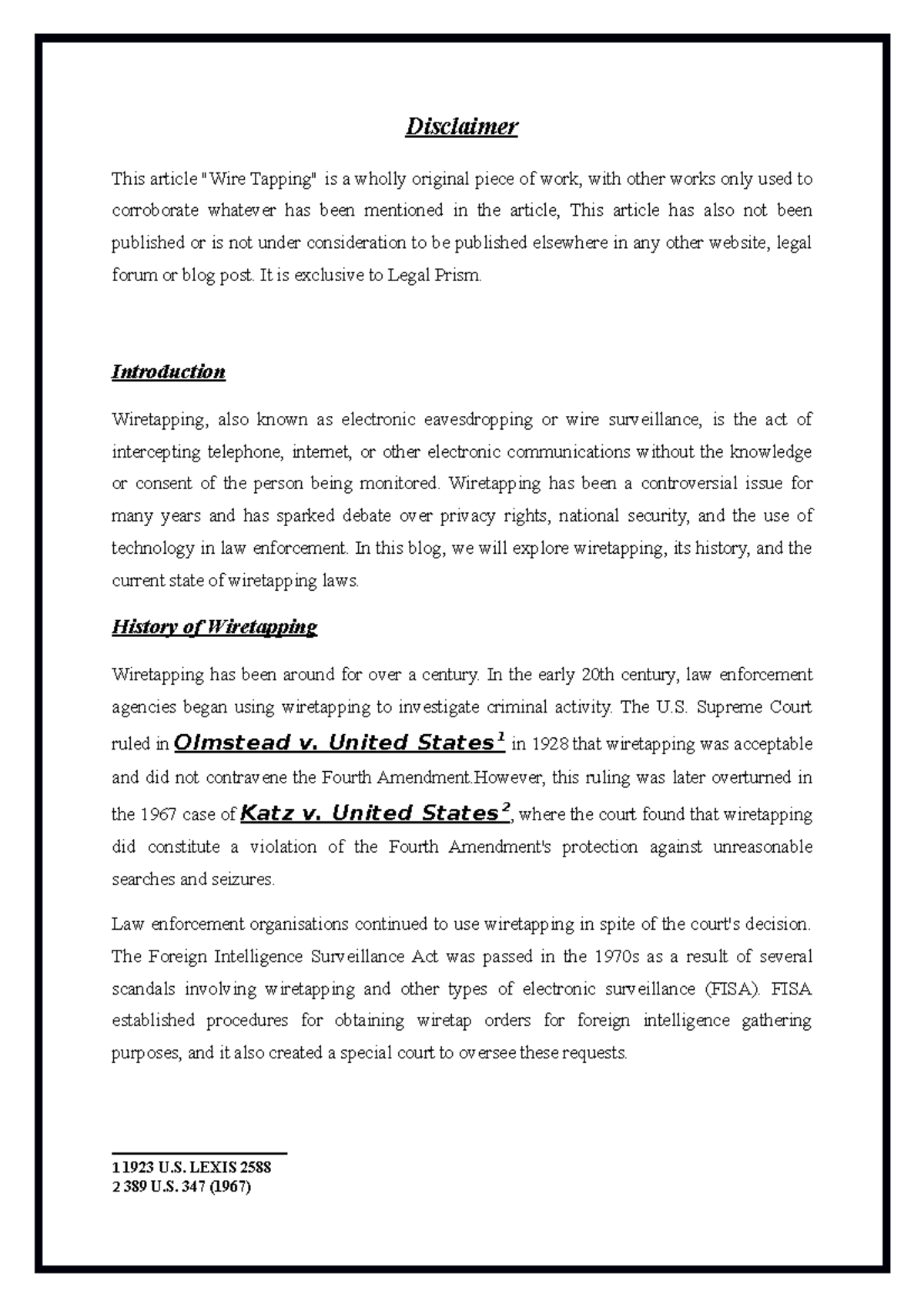 Wire Tapping - Disclaimer This article "Wire Tapping" is a wholly ...