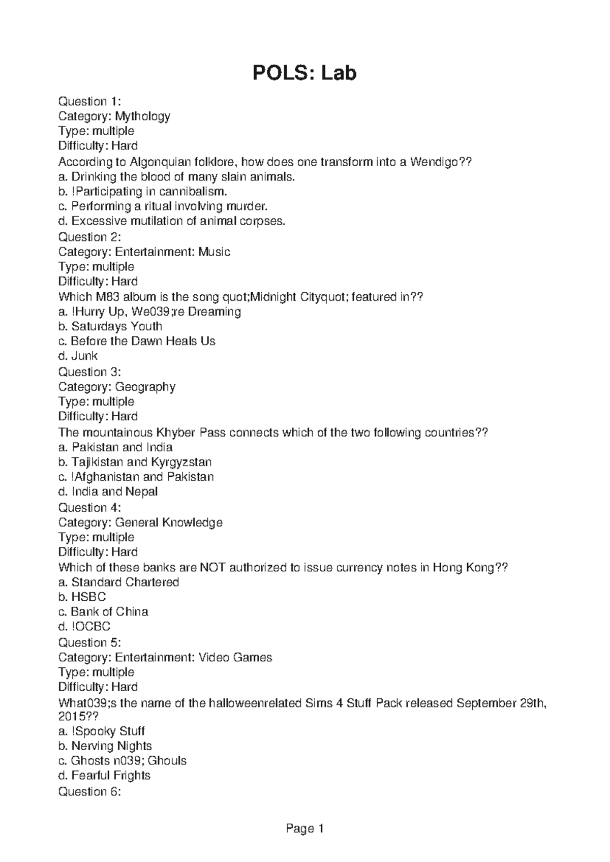 POLS117 Sheet 6 - POLS: Lab Question 1: Category: Mythology Type ...