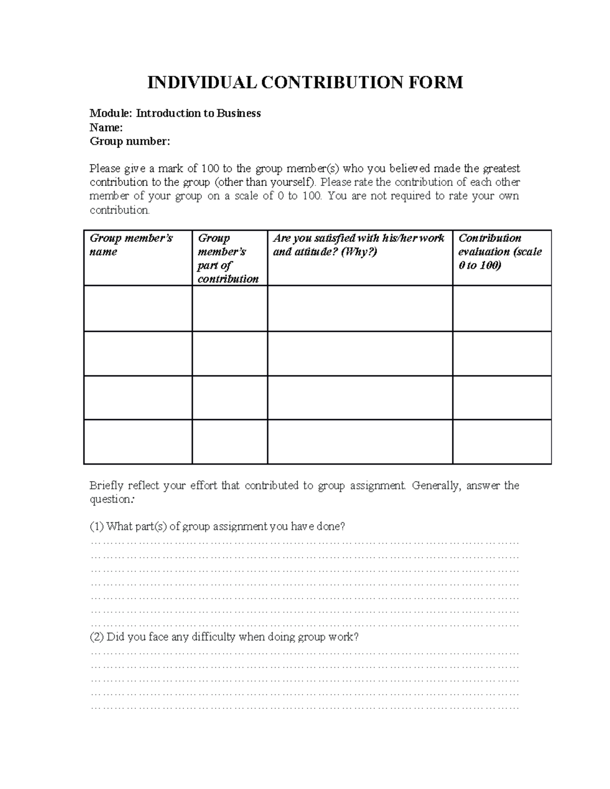 Peer Review form - Mẫu tham khảo - INDIVIDUAL CONTRIBUTION FORM Module ...