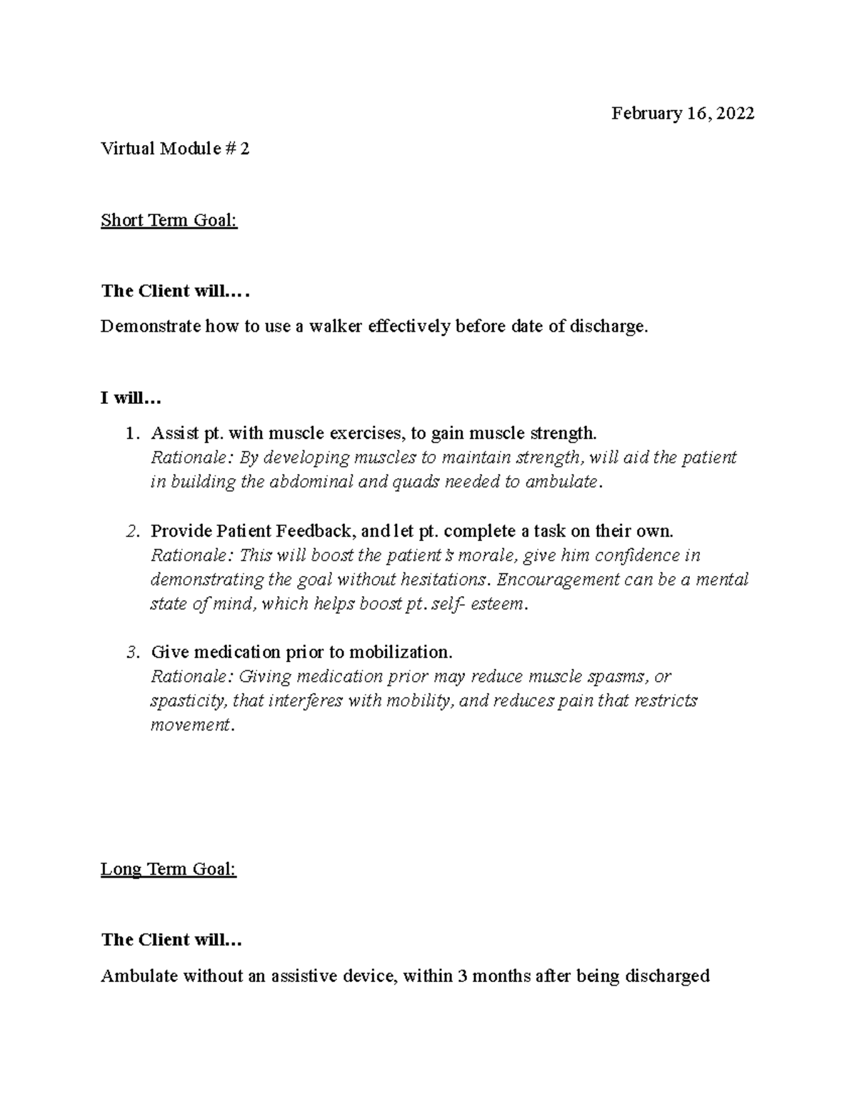 PN Post simulation activity (Goals ) for semester 2 - February 16, 2022 ...