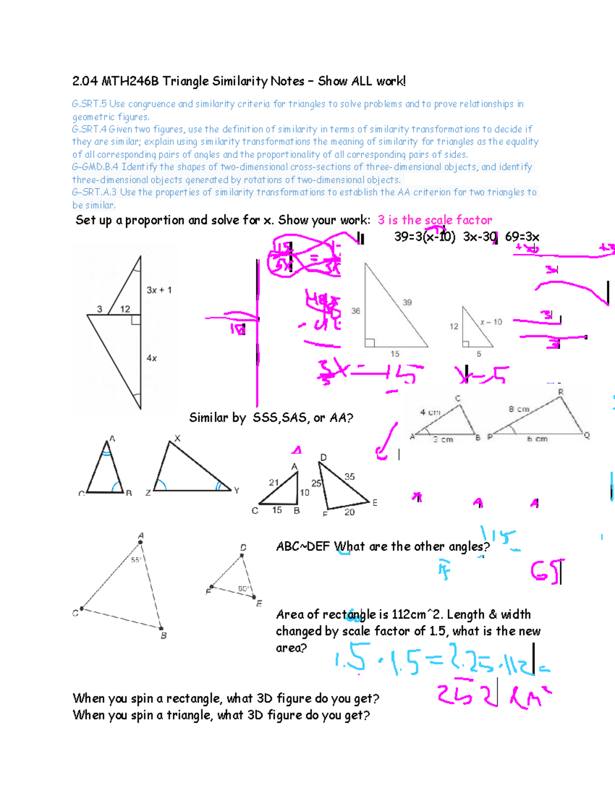 2.04 Math Notes - 2 MTH246B Triangle Similarity Notes – Show ALL work ...