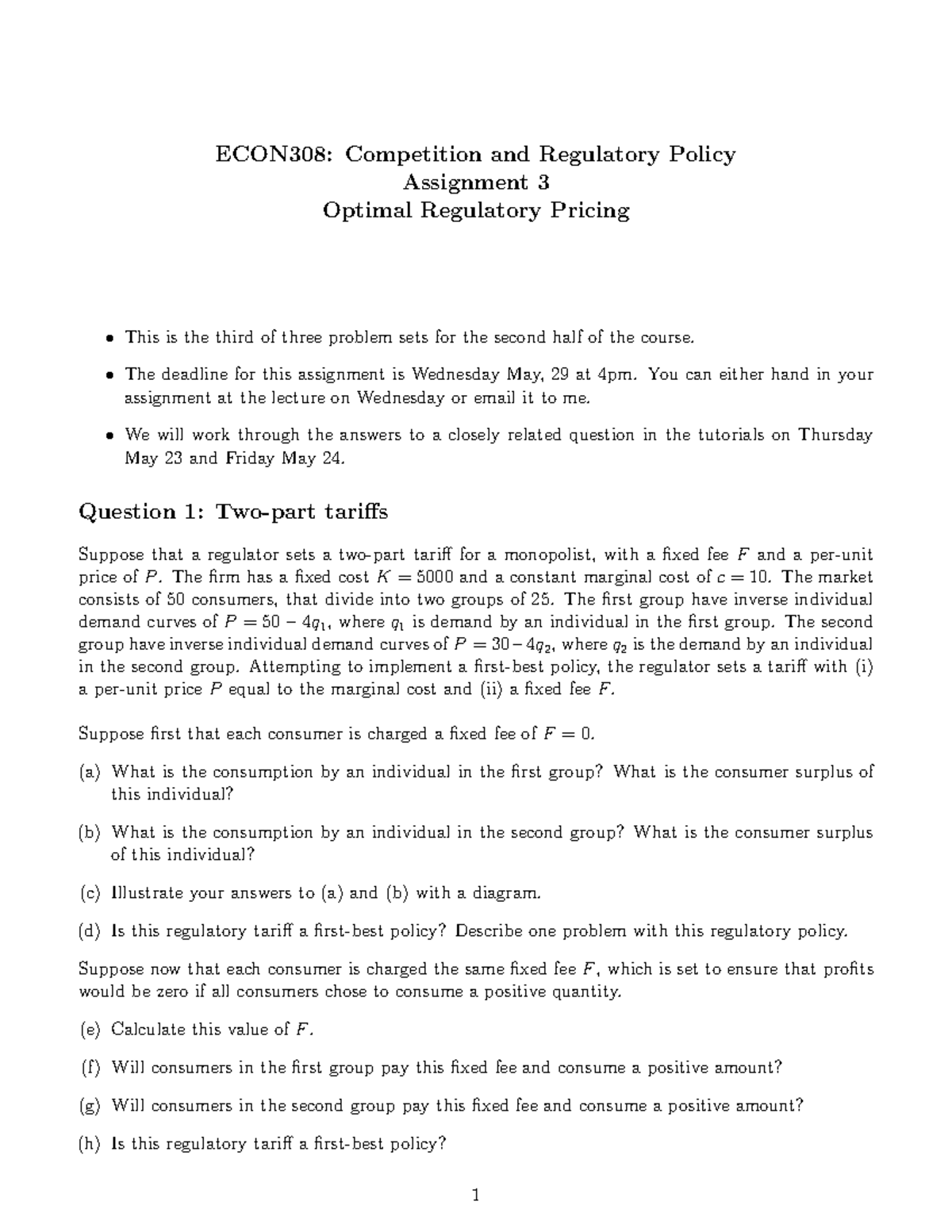 ECON308 Problem Set 3 - ECON308: Competition and Regulatory Policy ...