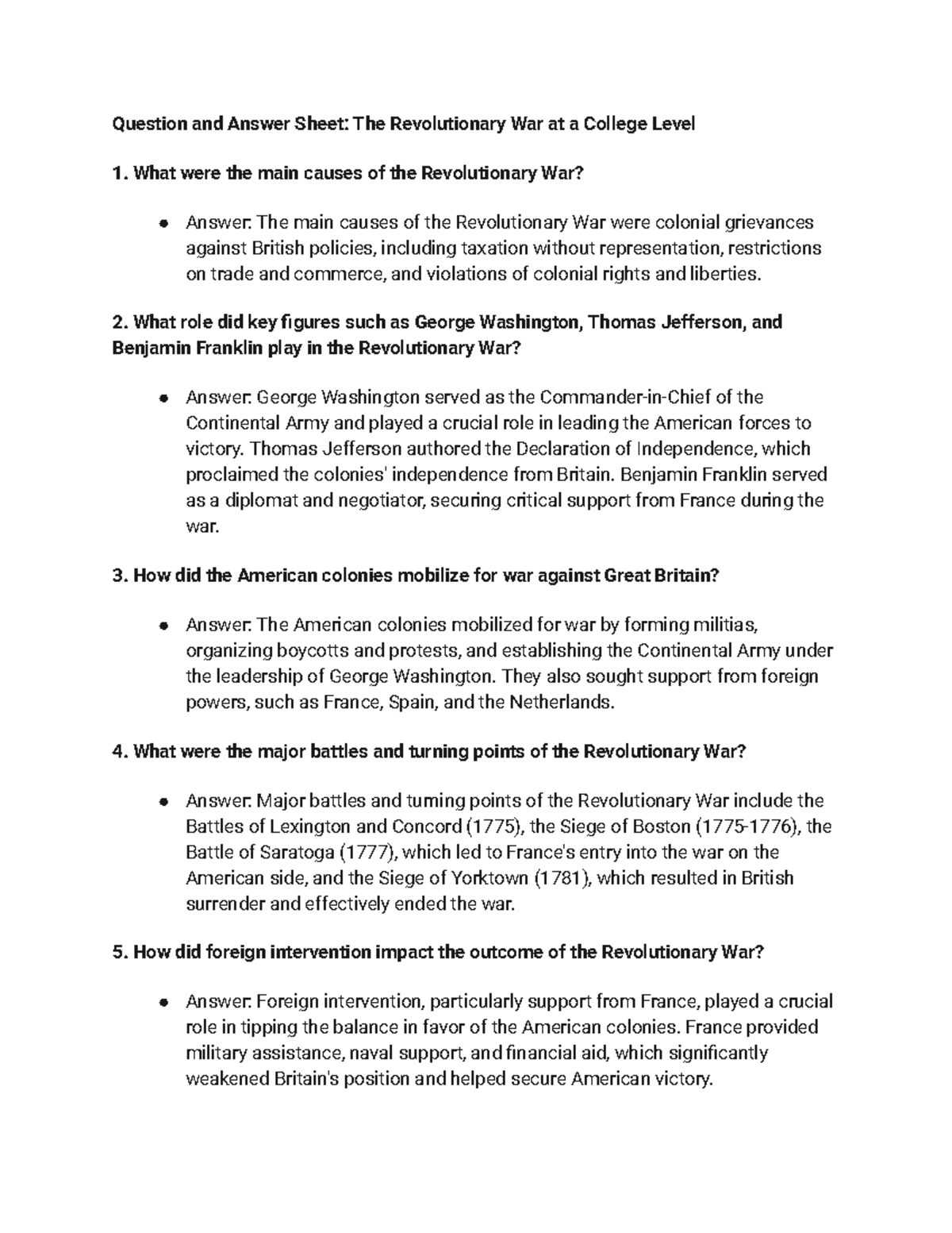 Question and Answer Sheet The Revolutionary War at a College Level ...