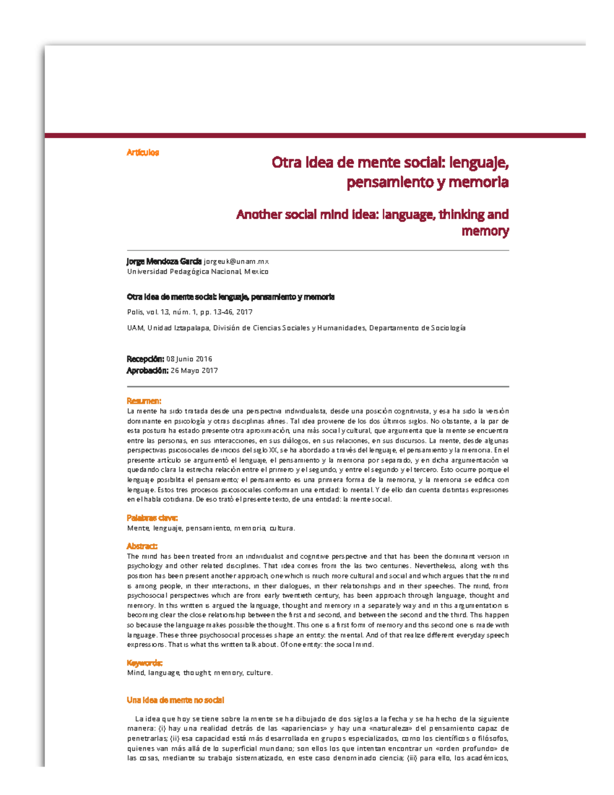 Otra idea de mente social lenguaje, pensamiento y memoria - Artículos ...