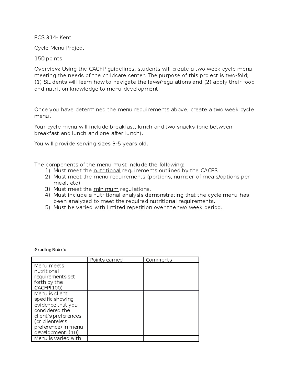 FCS 314 Cycle Menu Project 2021 - FCS 314- Kent Cycle Menu Project 150 ...