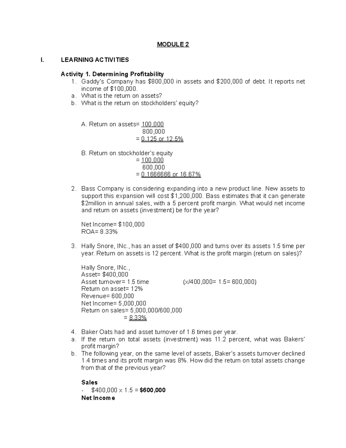 Module 2 (Determining Profitability) - MODULE 2 I. LEARNING ACTIVITIES ...