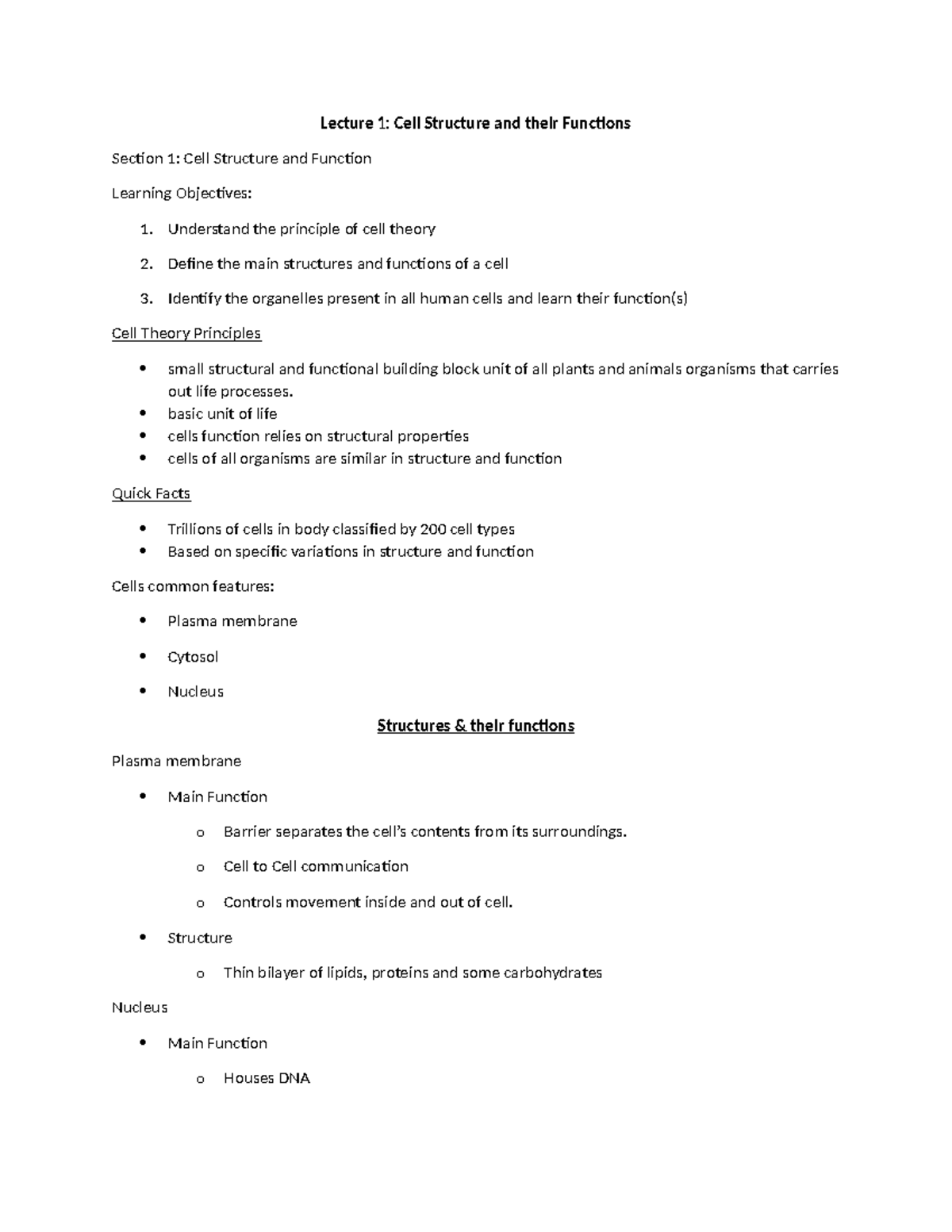 Lecture 1 - Cell Structure and Function - Lecture 1: Cell Structure and their Functions Section ...