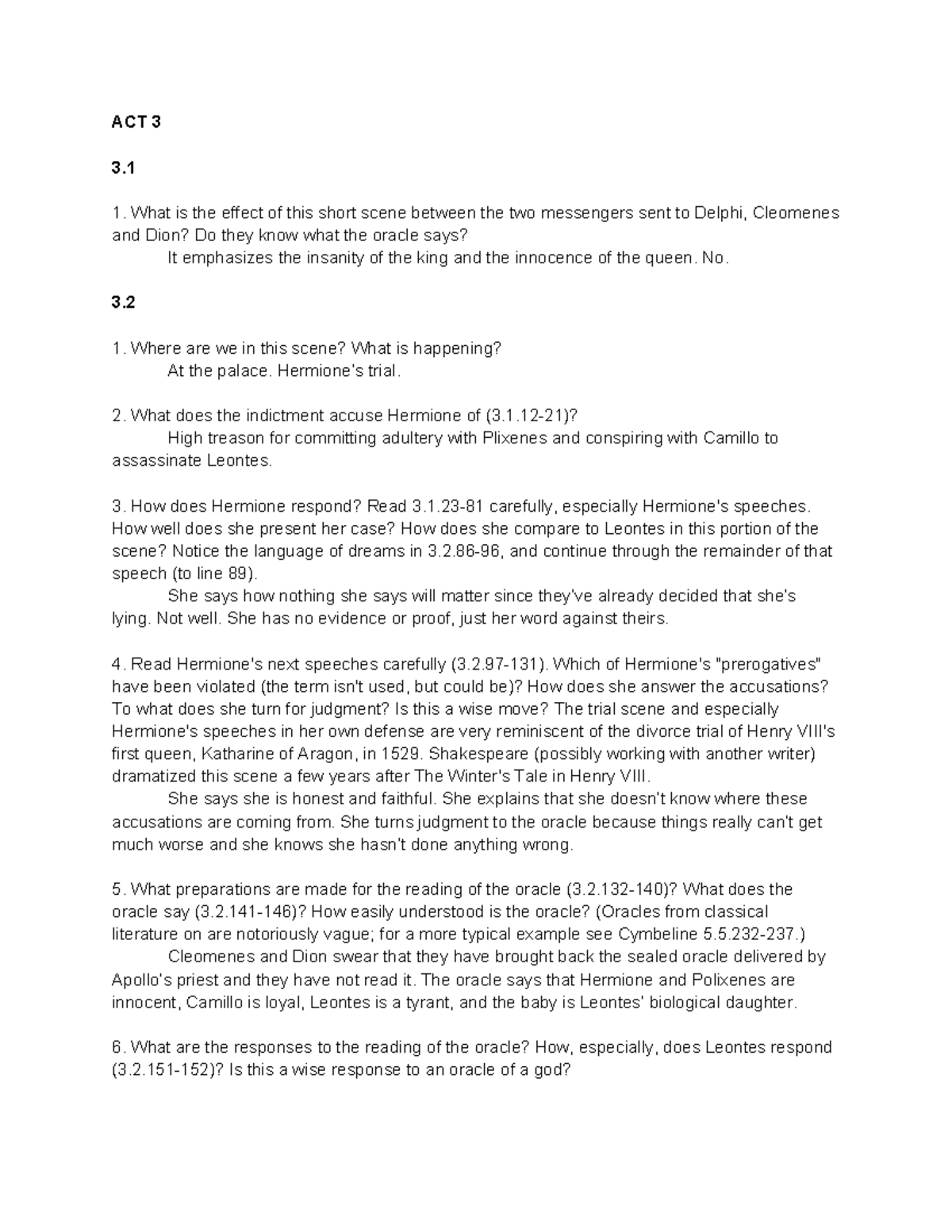 Winters Tale Act 3 Reading Questions and Paraphrase - ACT 3 3. What is ...