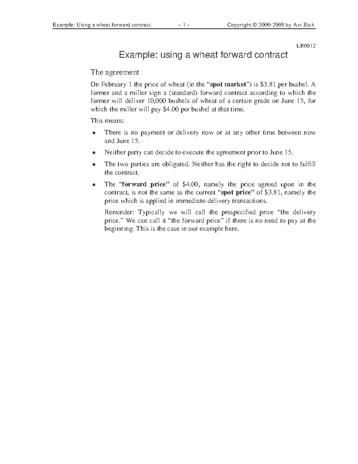 Handout 2 reading material - Example: Using a wheat forward contract ...