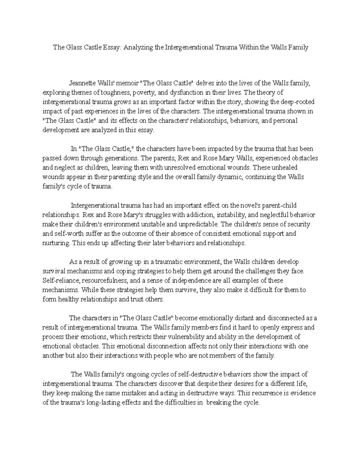 The Glass Castle Essay Analyzing the Intergenerational Trauma Within ...