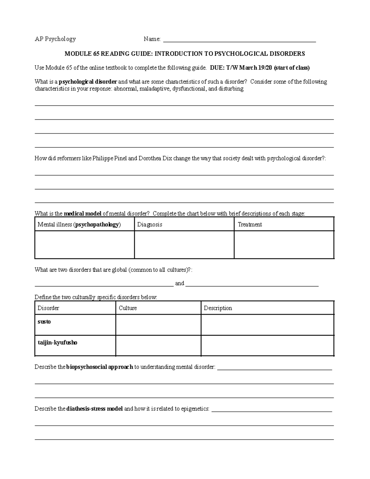 Module 65 Intro to Disorders - AP Psychology Name