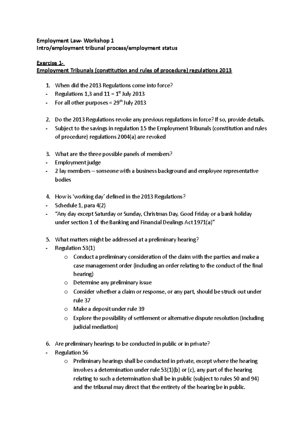 Employment Law and practice - Employment Law- Workshop 1 Intro ...