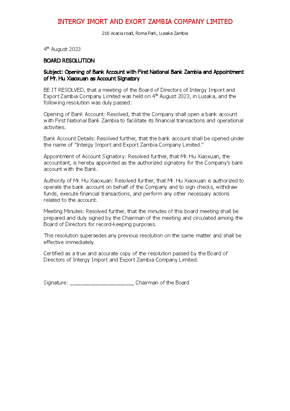 Board resolution FNB - INTERGY IMORT AND EXORT ZAMBIA COMPANY LIMITED ...