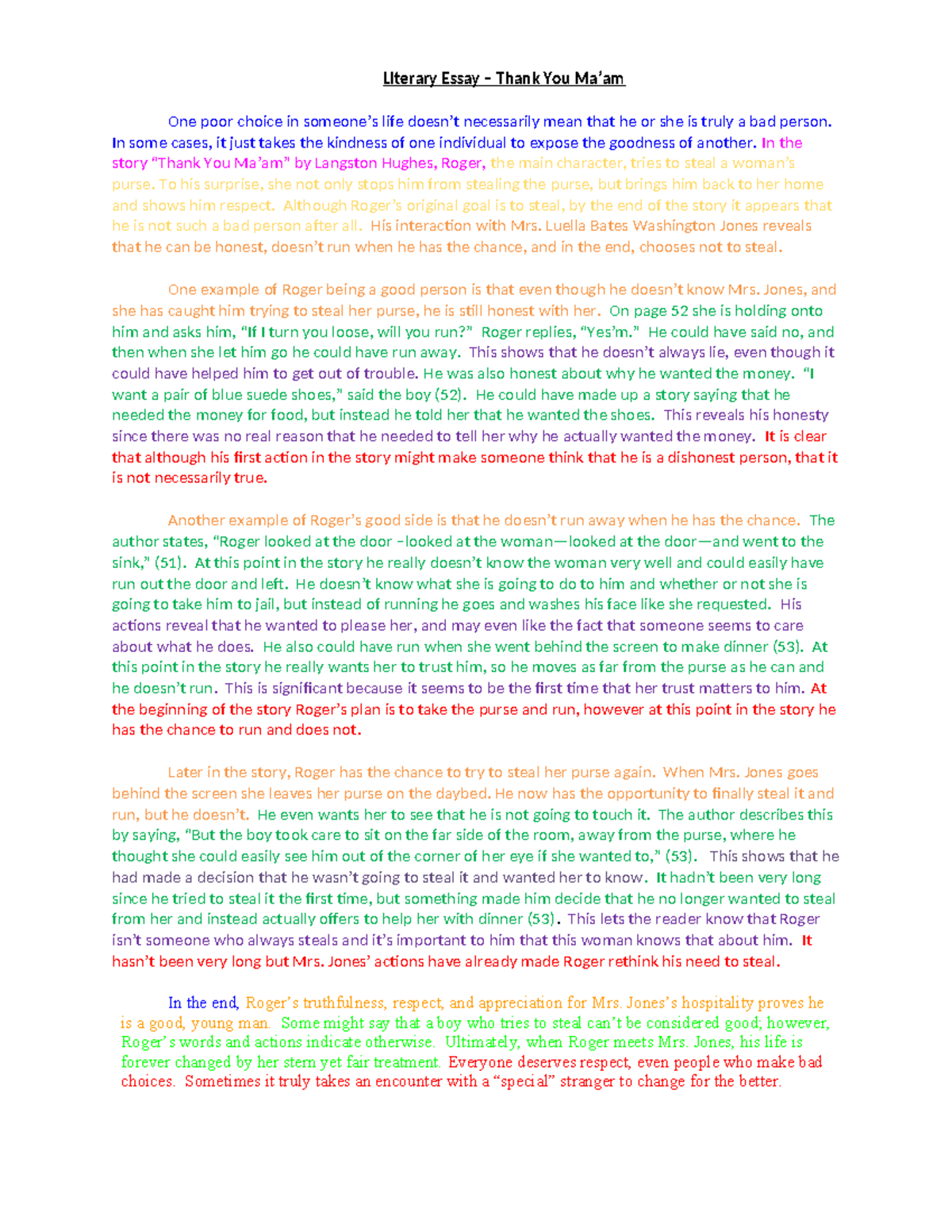 Thank You Ma'am Literary Essay Sample - Literary Essay – Thank You Ma ...