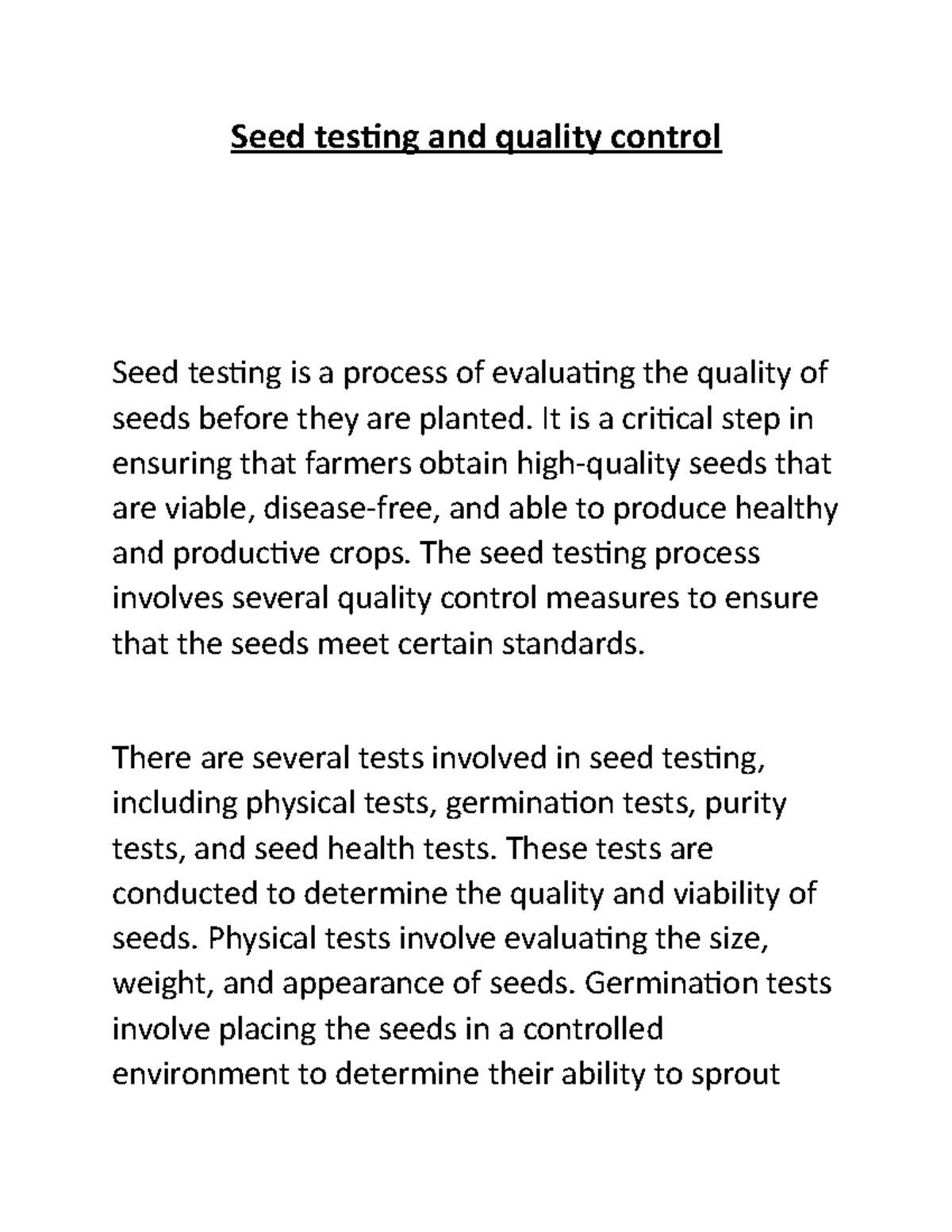 Seed testing and quality control - It is a critical step in ensuring ...