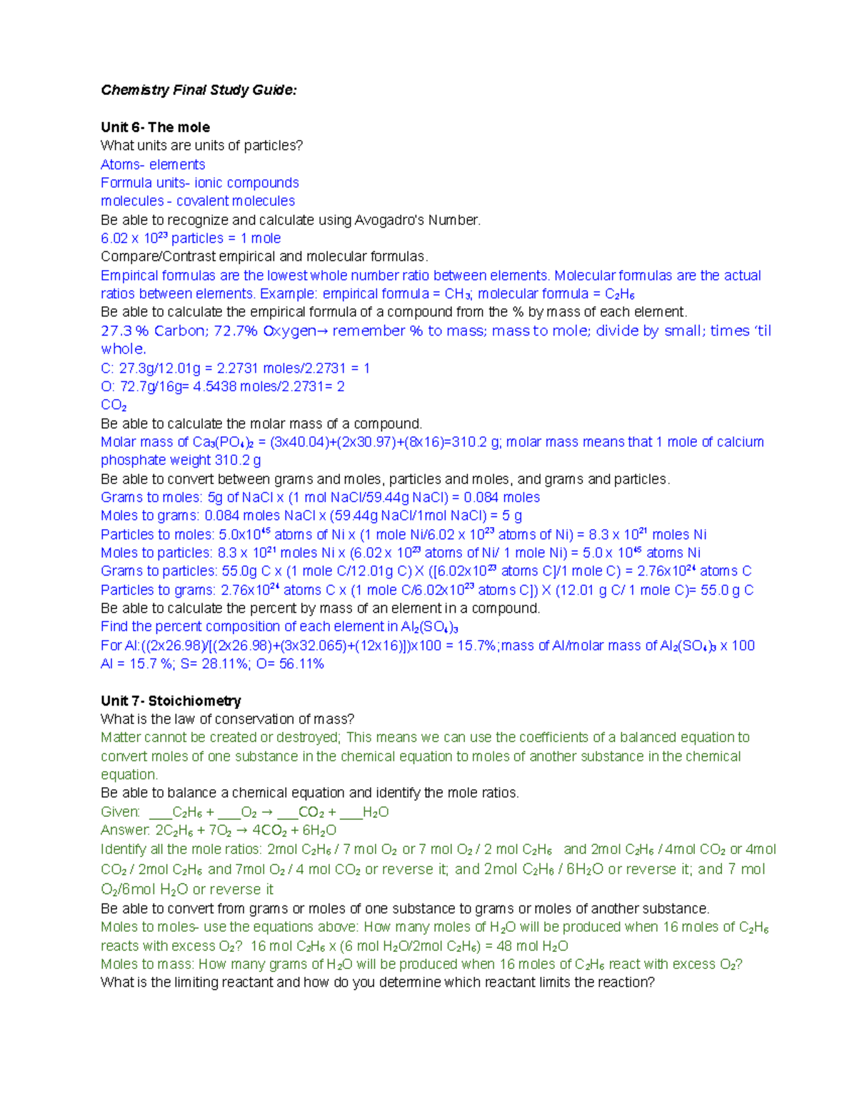 Chemistry Final Study Guide - Chemistry Final Study Guide: Unit 6- The ...
