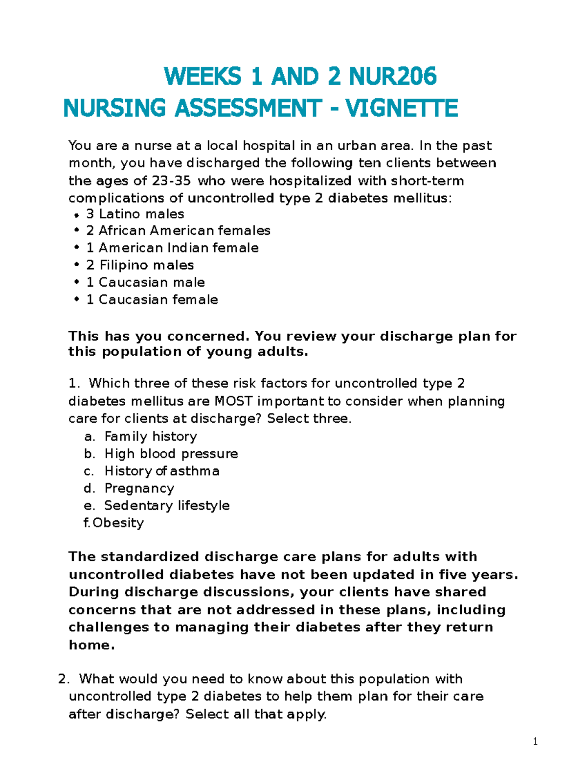 Student Version Weeks 1 and 2 Clinical Case Study for Nursing ...